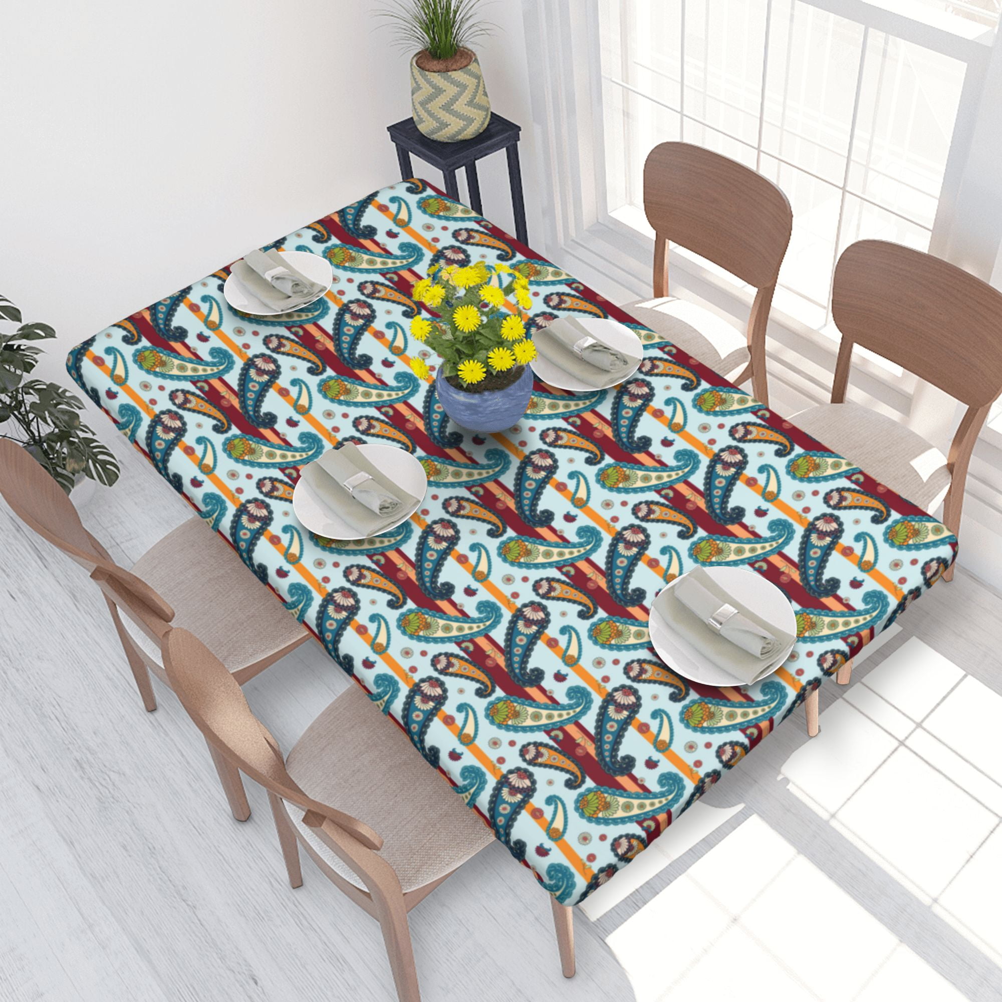 Home Deluxe Tablecloth Ethnic Boho Pattern Waterproof Elastic Rim Edged ...