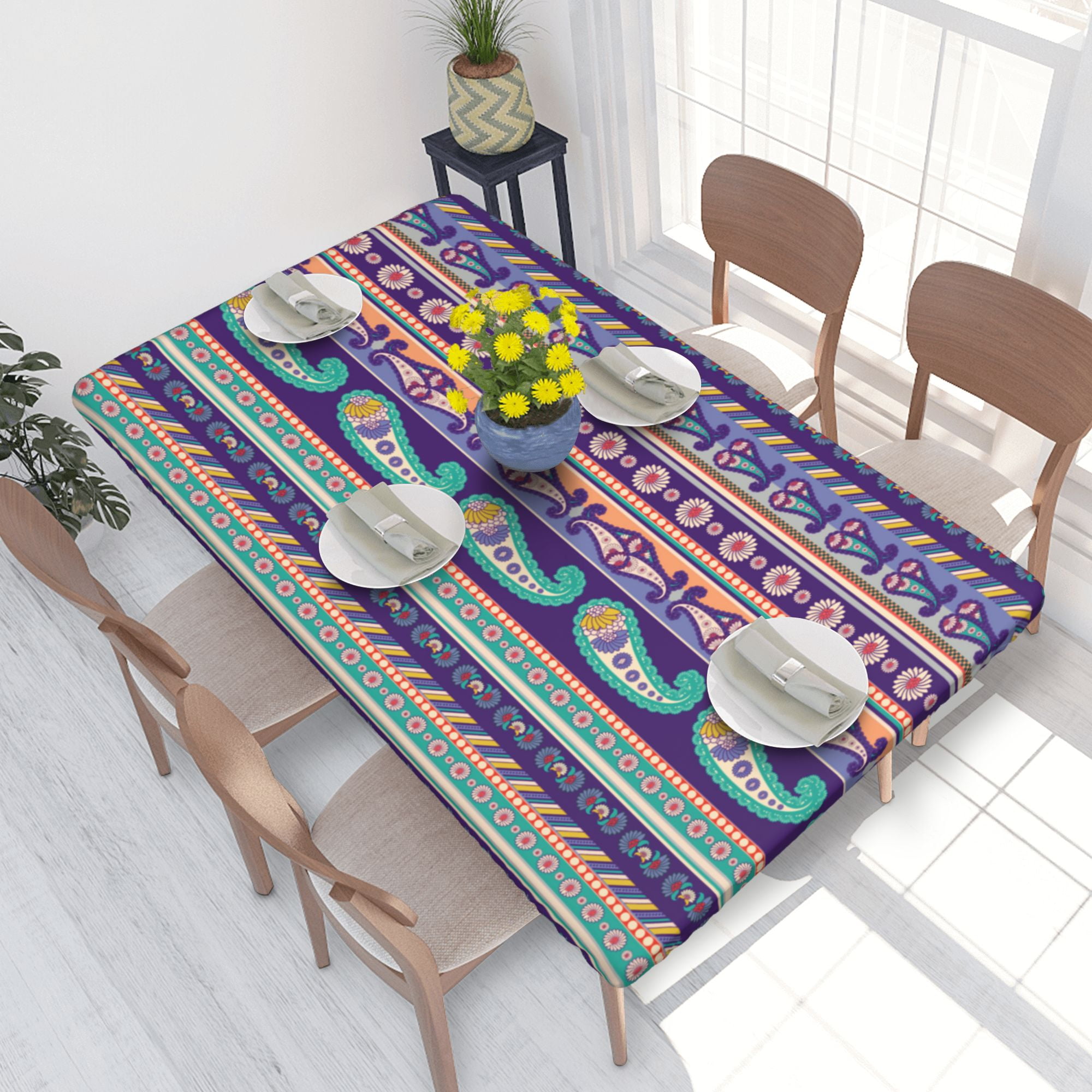 Home Deluxe Tablecloth Ethnic Boho Pattern Waterproof Elastic Rim Edged ...