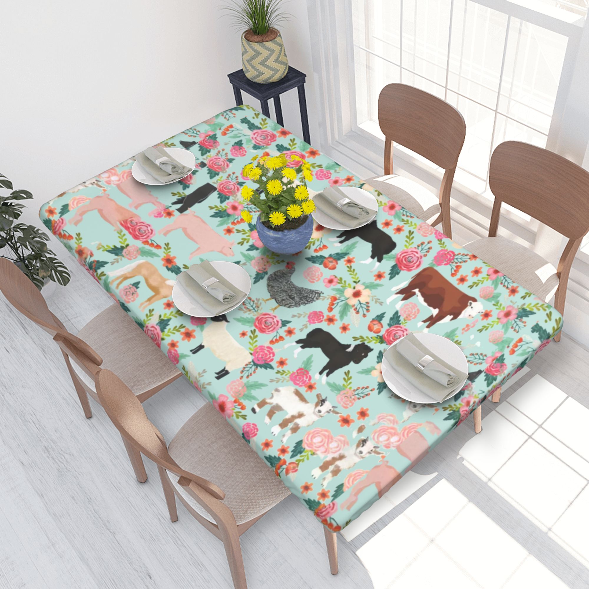Home Deluxe Tablecloth Farm Animal Sanctuary Cow Pig Horse Goat Sheep ...