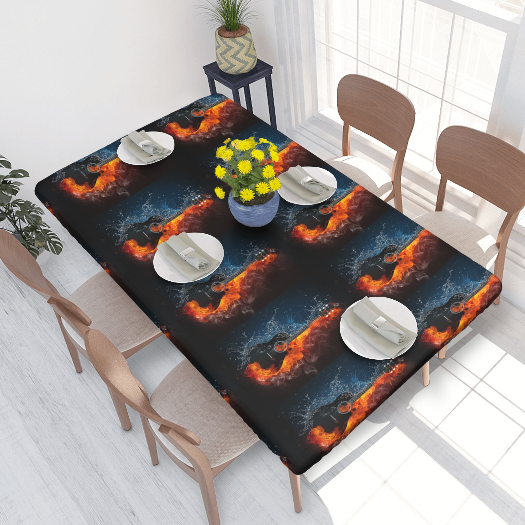Home Deluxe Tablecloth Fire And Ice Guitar Waterproof Elastic Rim Edged ...