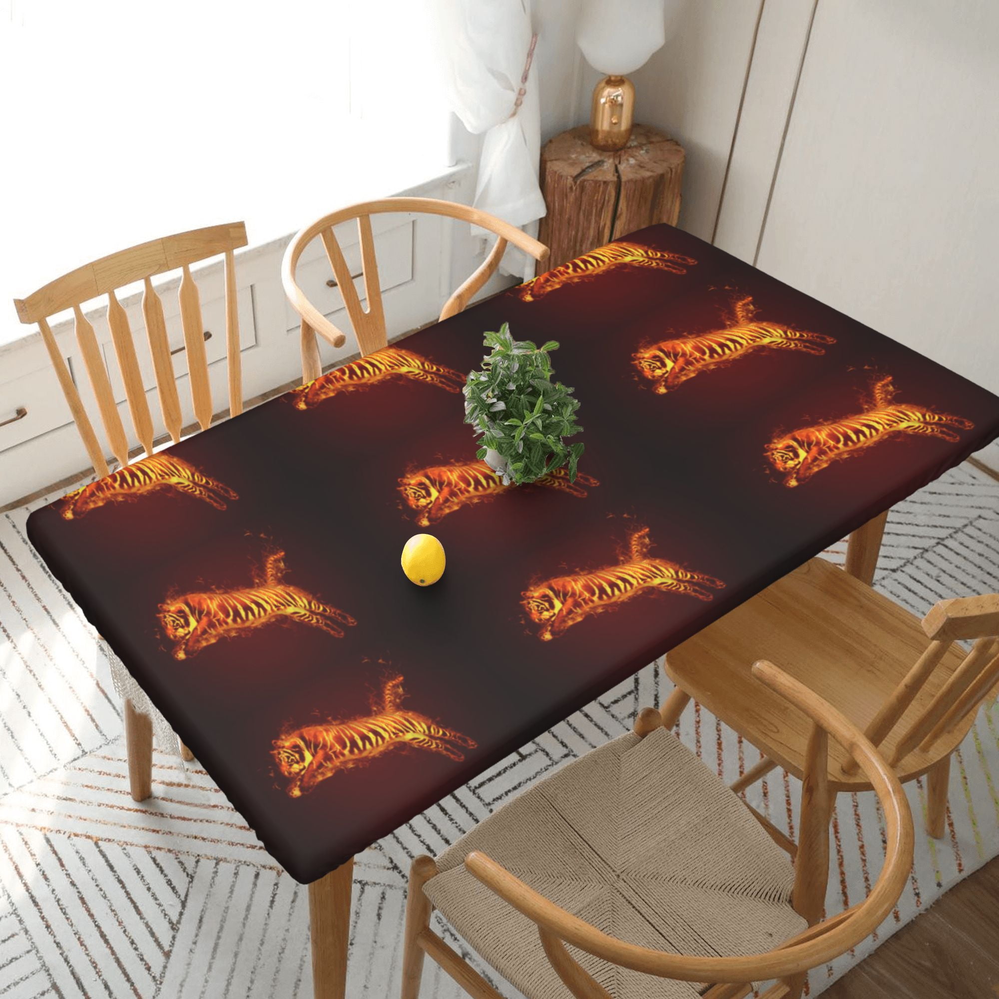 Home Deluxe Tablecloth Fire Tiger Waterproof Elastic Rim Edged Table ...