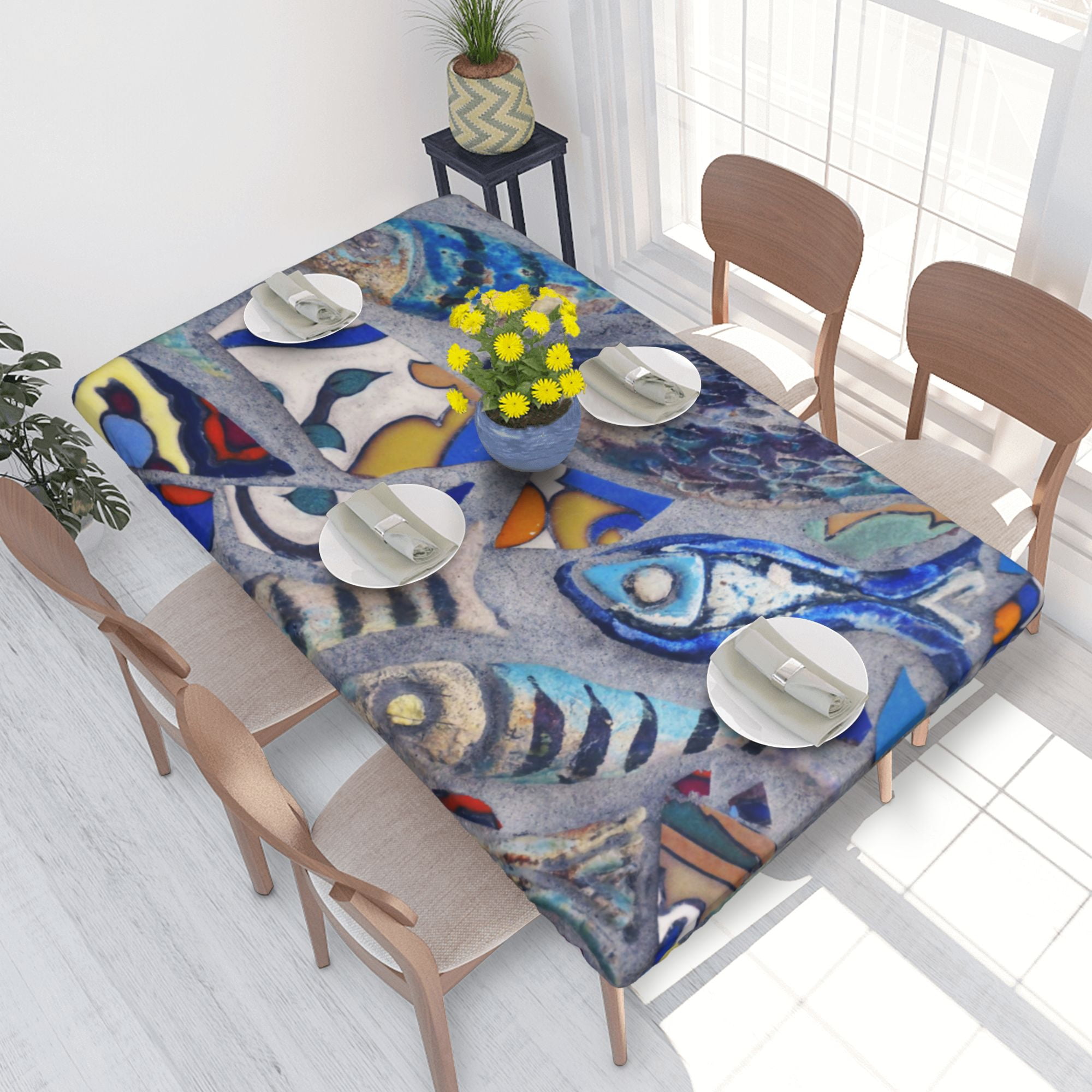 Home Deluxe Tablecloth Fish Art Waterproof Elastic Rim Edged Table ...