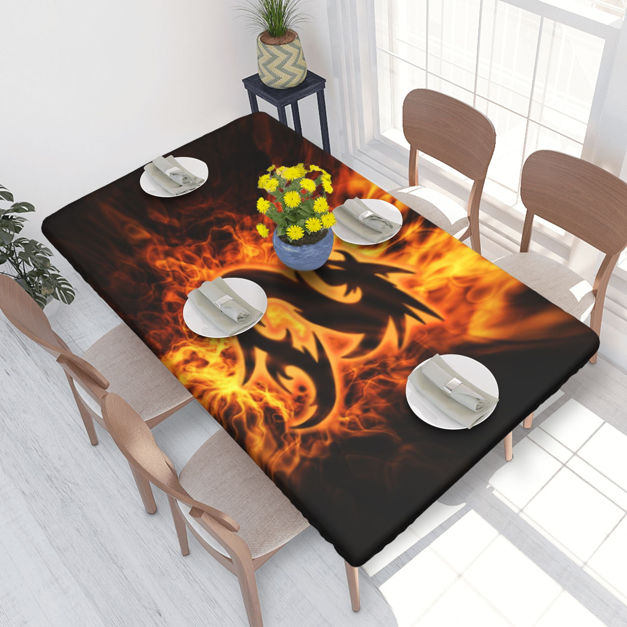 Home Deluxe Tablecloth Flame Fire Dragon Waterproof Elastic Rim Edged ...