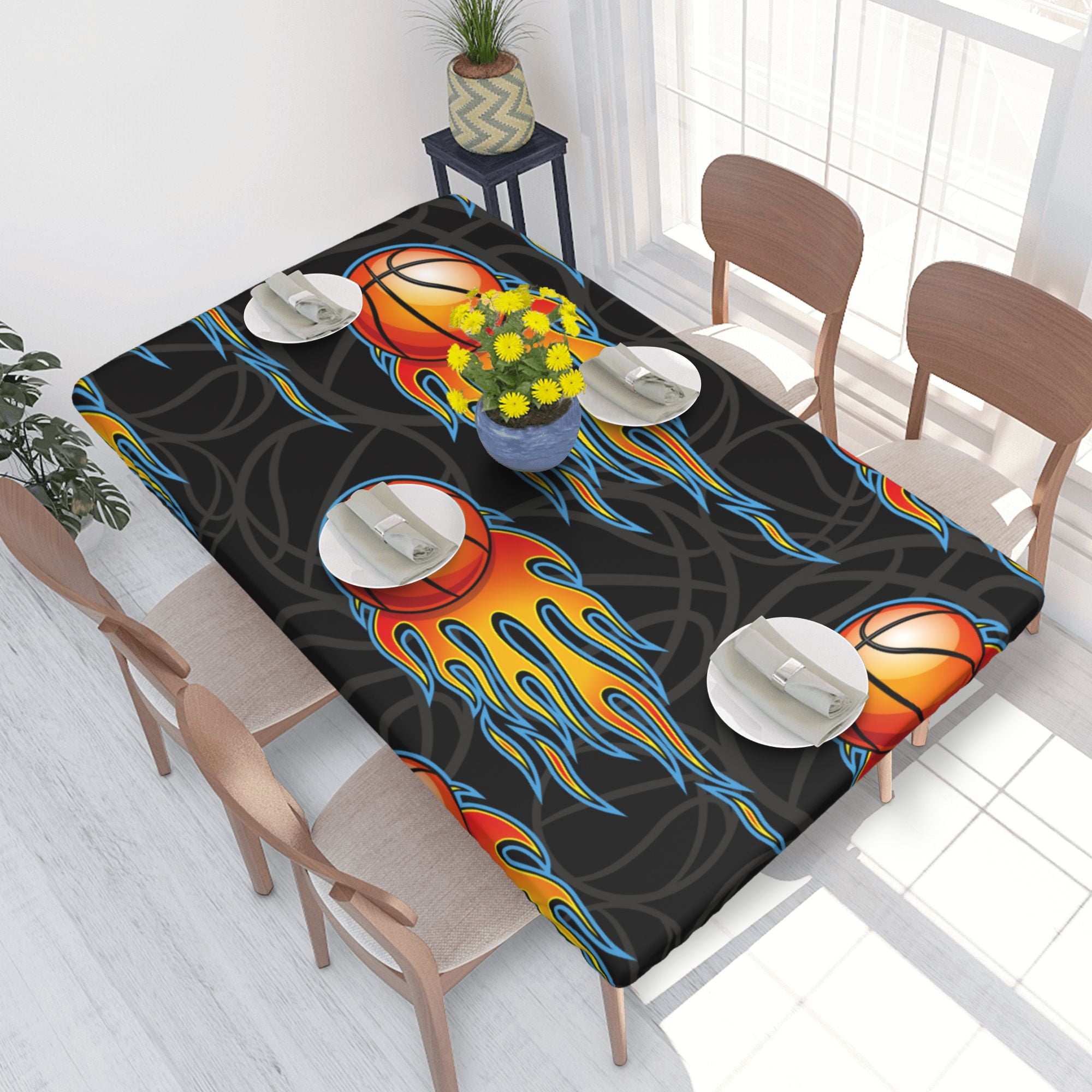 Home Deluxe Tablecloth Flaming Basketball Waterproof Elastic Rim Edged ...