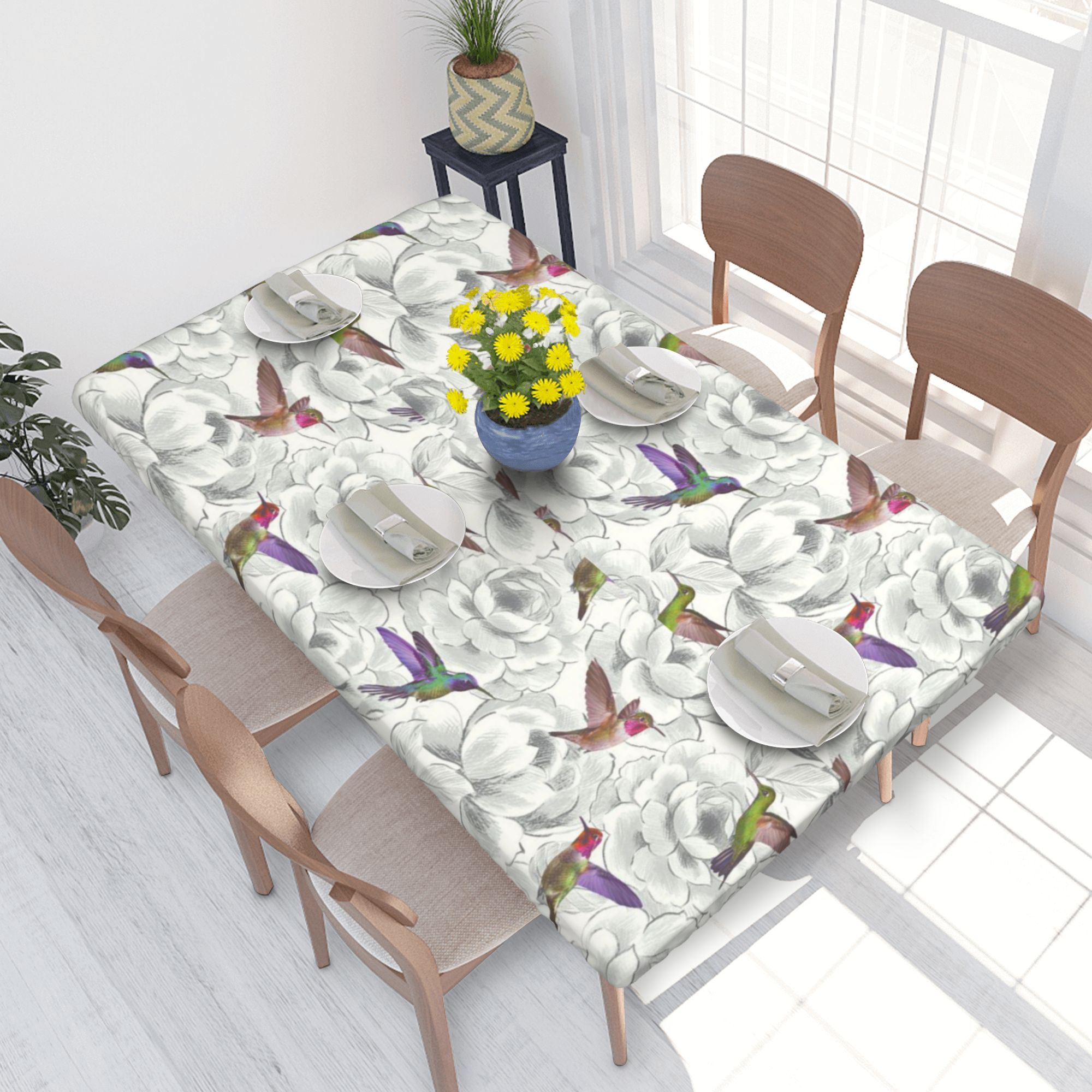 Home Deluxe Tablecloth Floral Birds Hummingbird Waterproof Elastic Rim ...