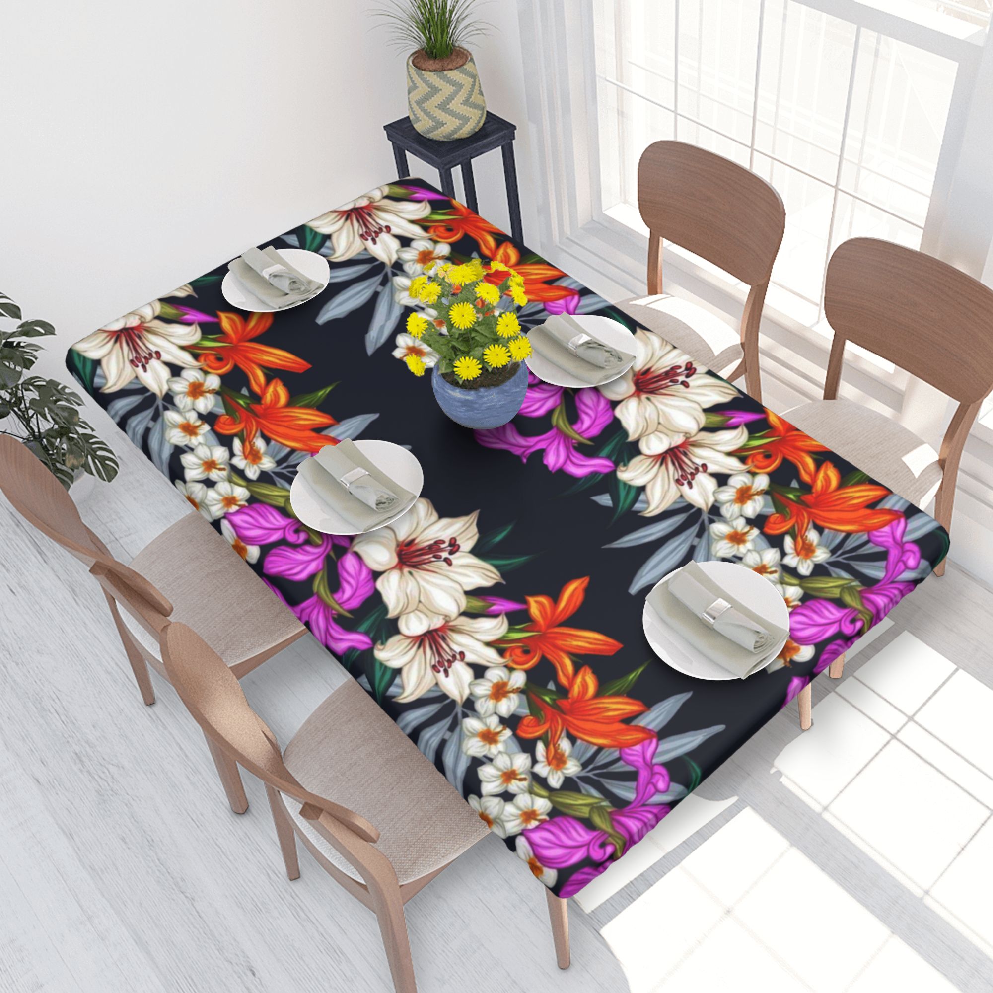 Home Deluxe Tablecloth Flower Lines Waterproof Elastic Rim Edged Table ...