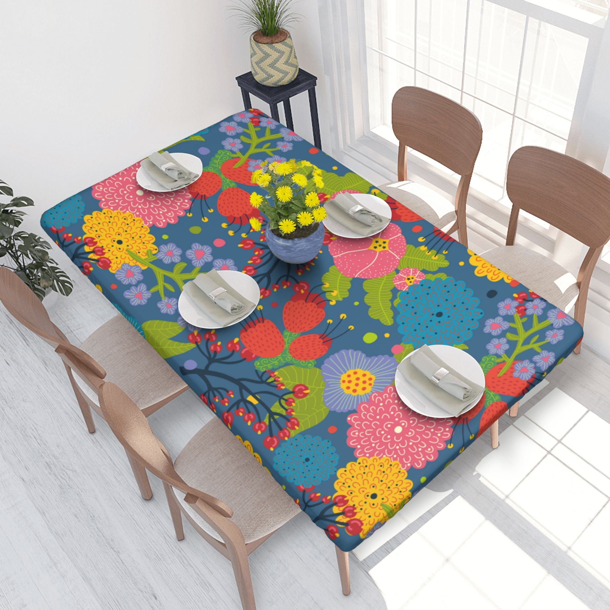 Home Deluxe Tablecloth Flower Pattern (4) Waterproof Elastic Rim Edged ...