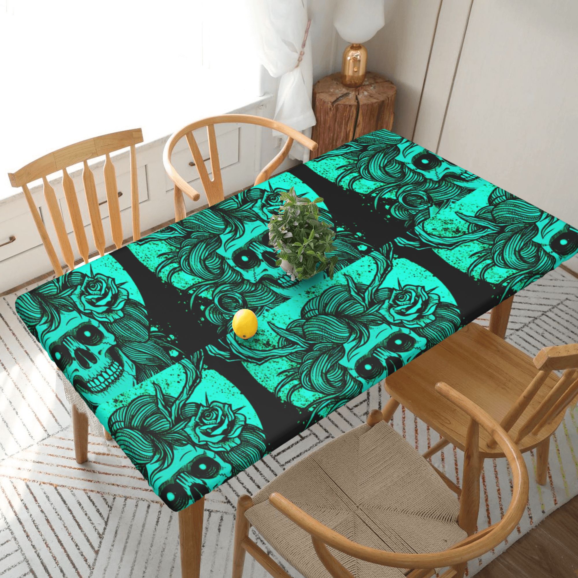 Home Deluxe Tablecloth Flower Skull Waterproof Elastic Rim Edged Table ...