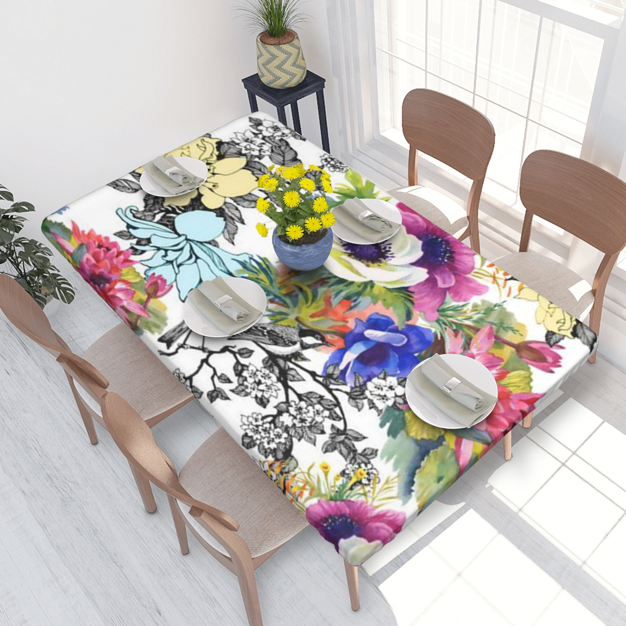 Home Deluxe Tablecloth Flower Waterproof Elastic Rim Edged Table Cover ...