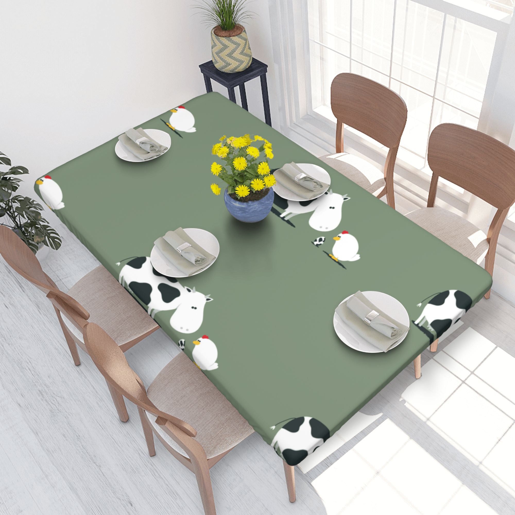 Home Deluxe Tablecloth For Cow And Chicken For Waterproof Elastic Rim ...