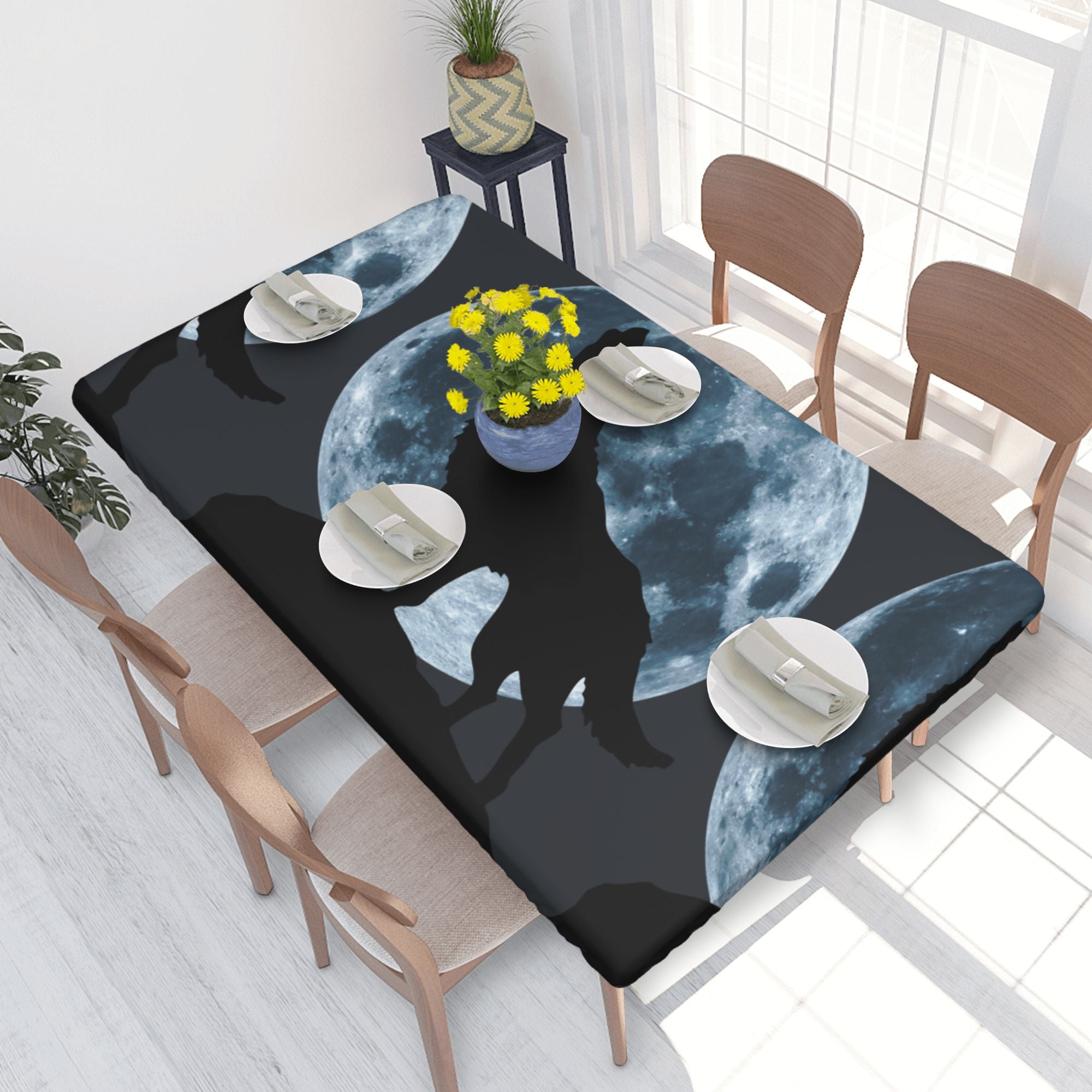 Home Deluxe Tablecloth Full Moon Wolf Waterproof Elastic Rim Edged ...