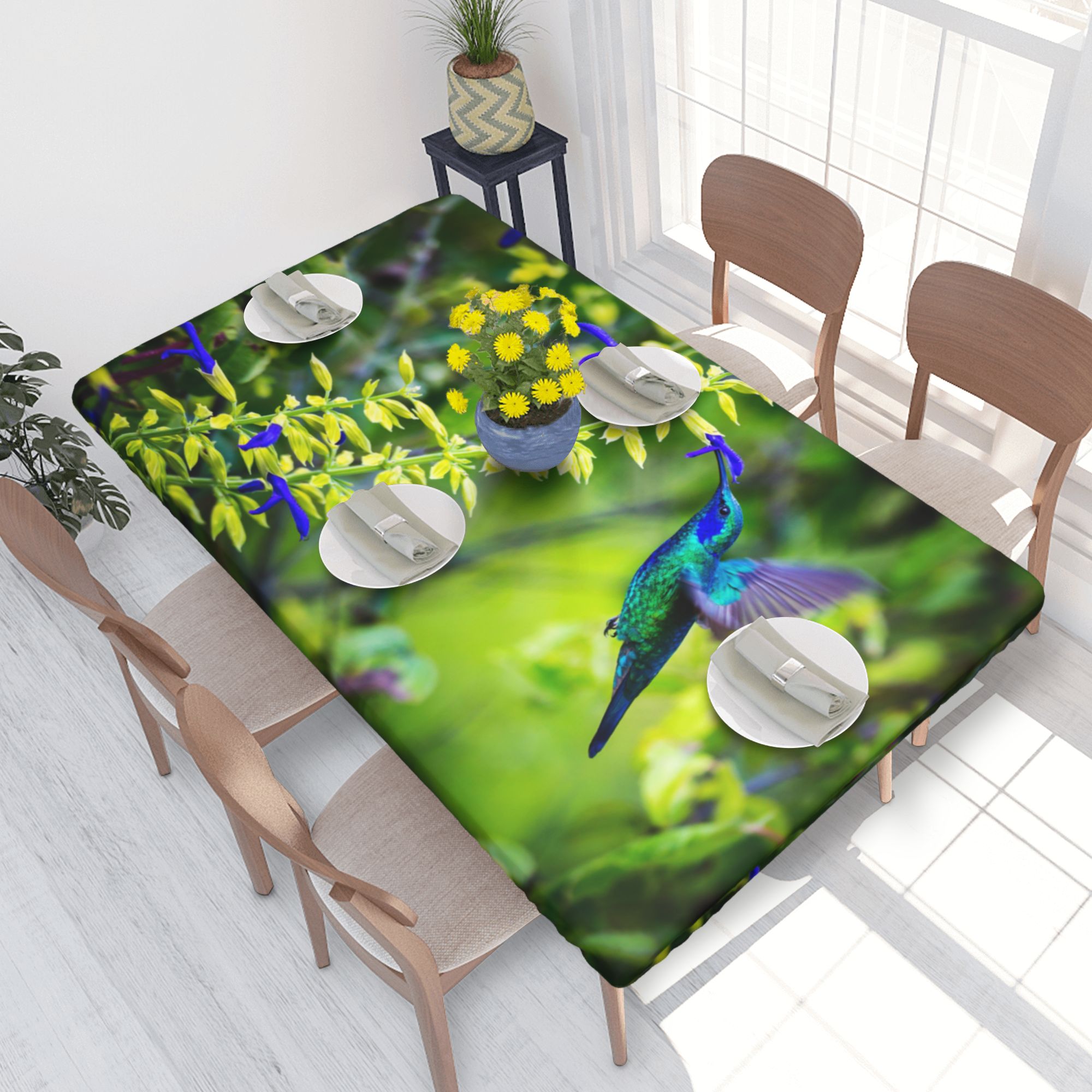 Home Deluxe Tablecloth Green Blue Hummingbird Bird Floral Flowers ...