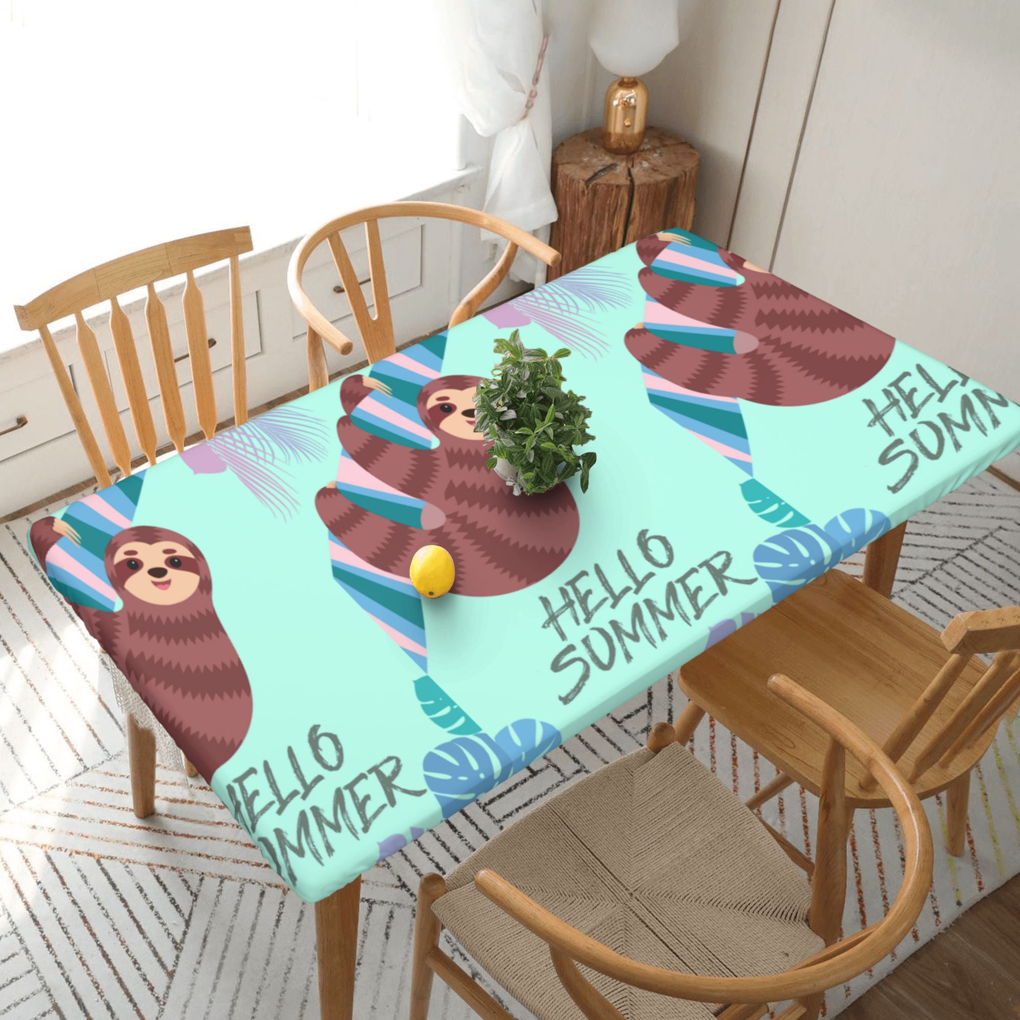 Home Deluxe Tablecloth Hello Summer Cute Sloth Waterproof Elastic Rim ...
