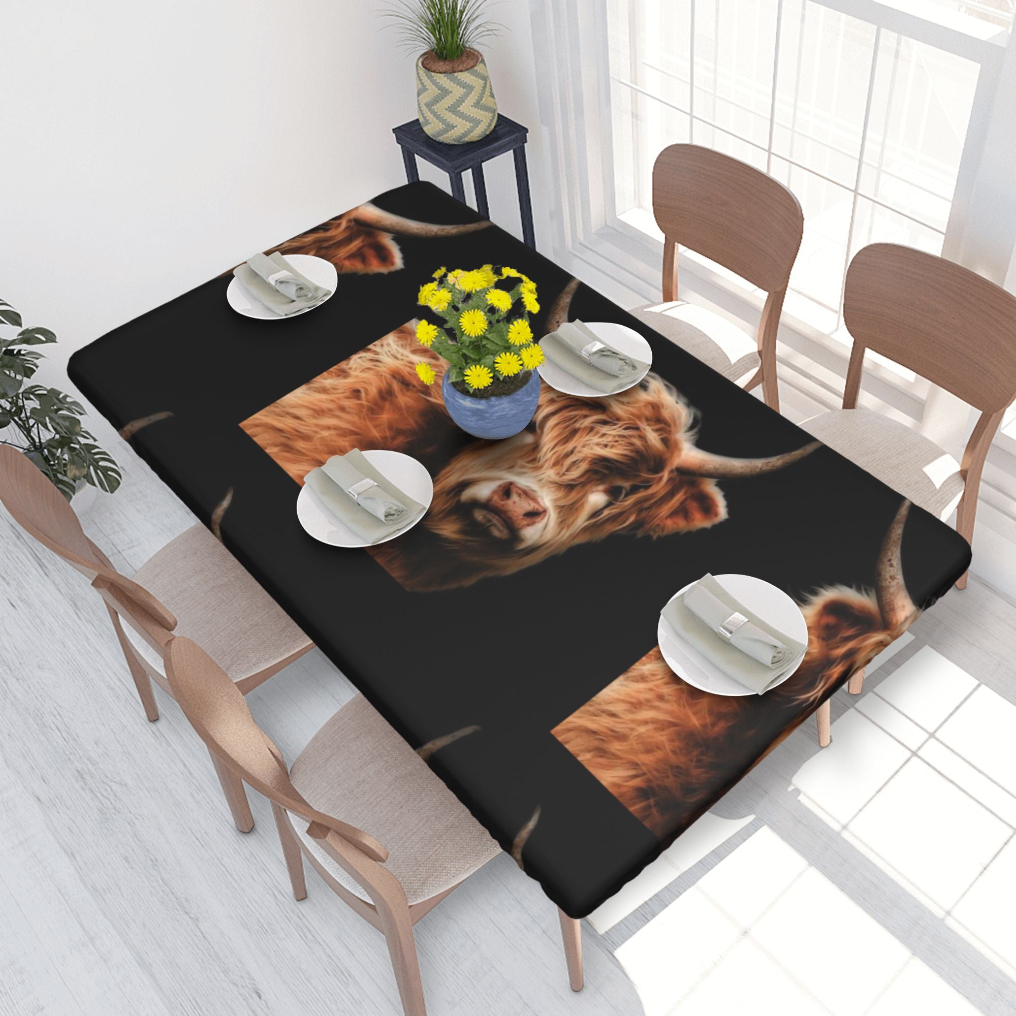 Home Deluxe Tablecloth Highland Cow Waterproof Elastic Rim Edged Table ...