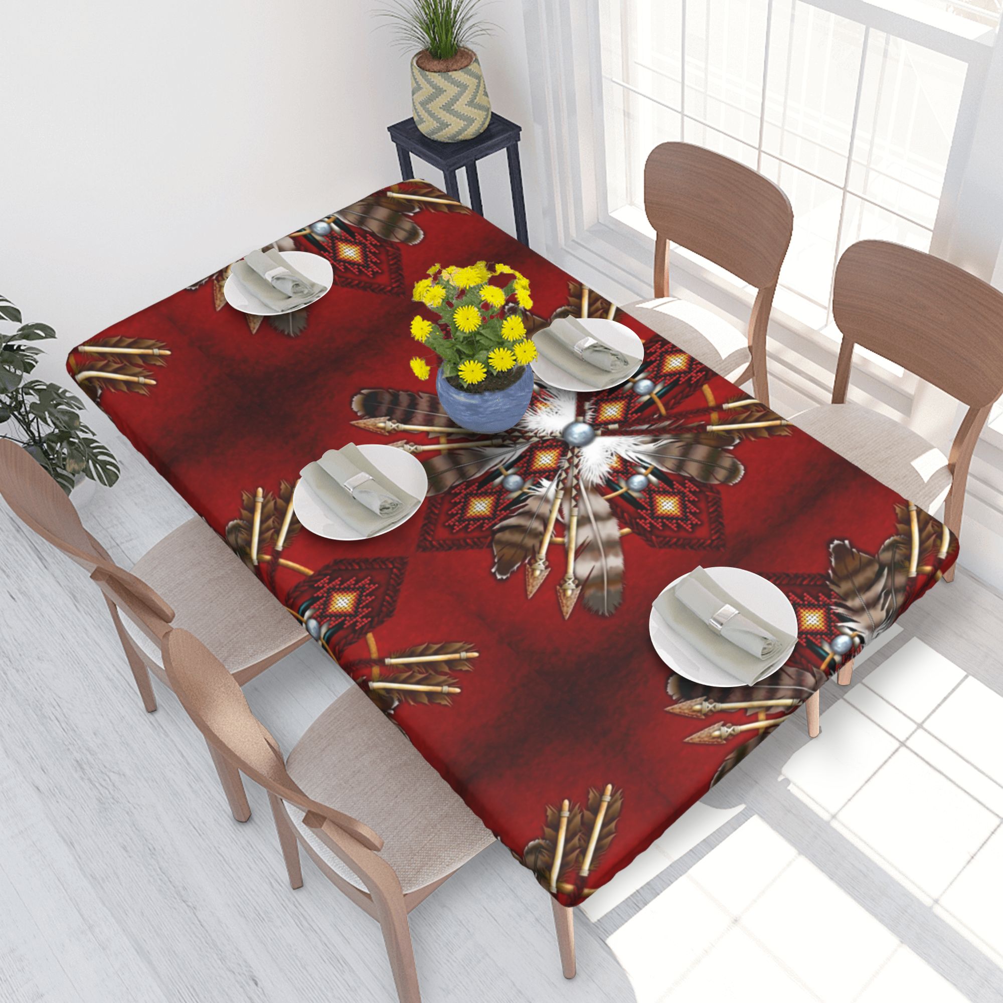Home Deluxe Tablecloth Indianer Rot Tribal Feder Waterproof Elastic Rim ...