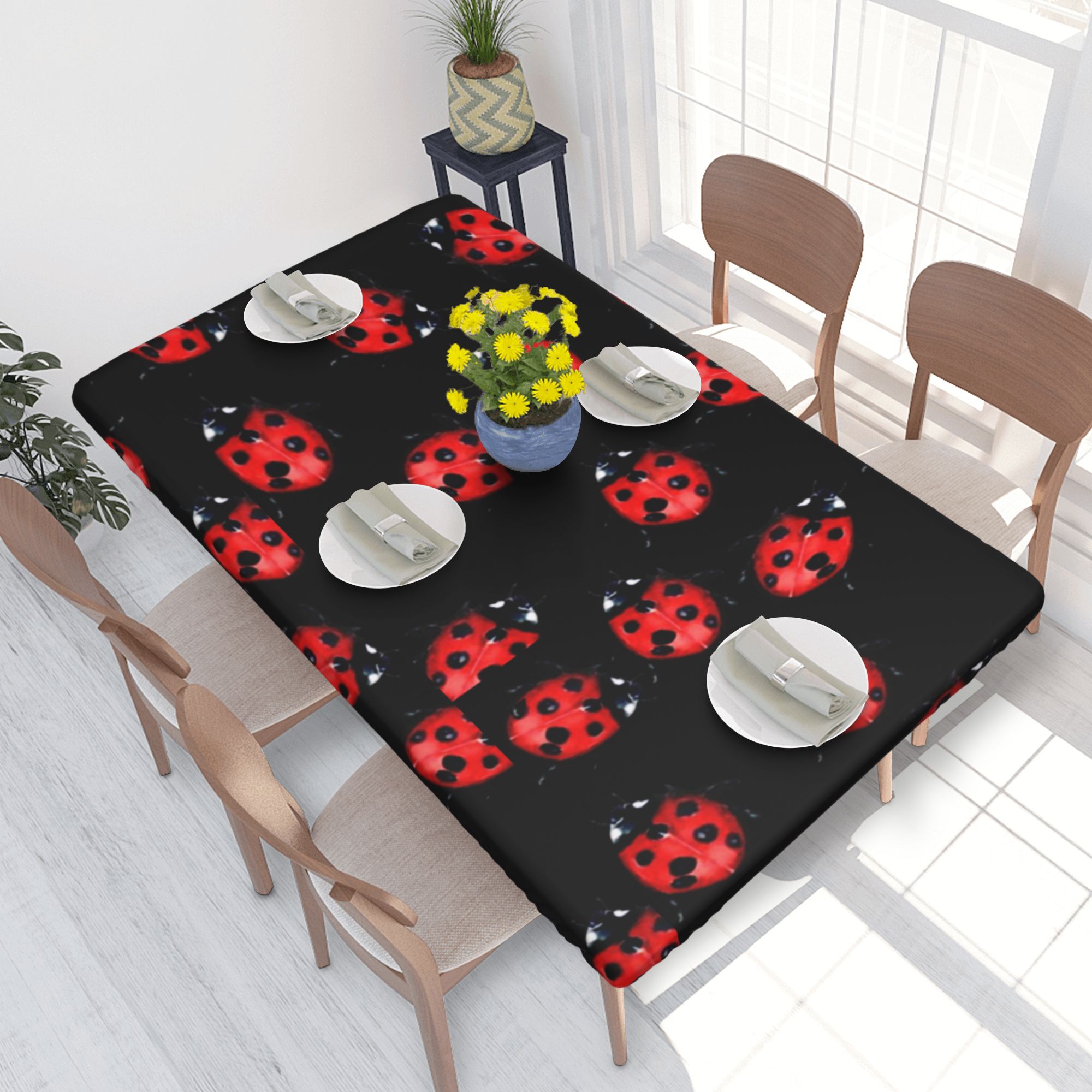 Home Deluxe Tablecloth Ladybug Art Matte Waterproof Elastic Rim Edged ...