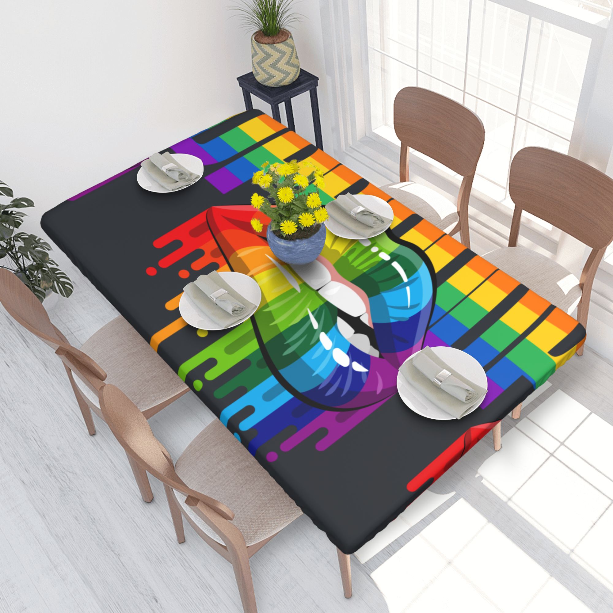 Home Deluxe Tablecloth Lgbt Pride Lips Black Waterproof Elastic Rim ...