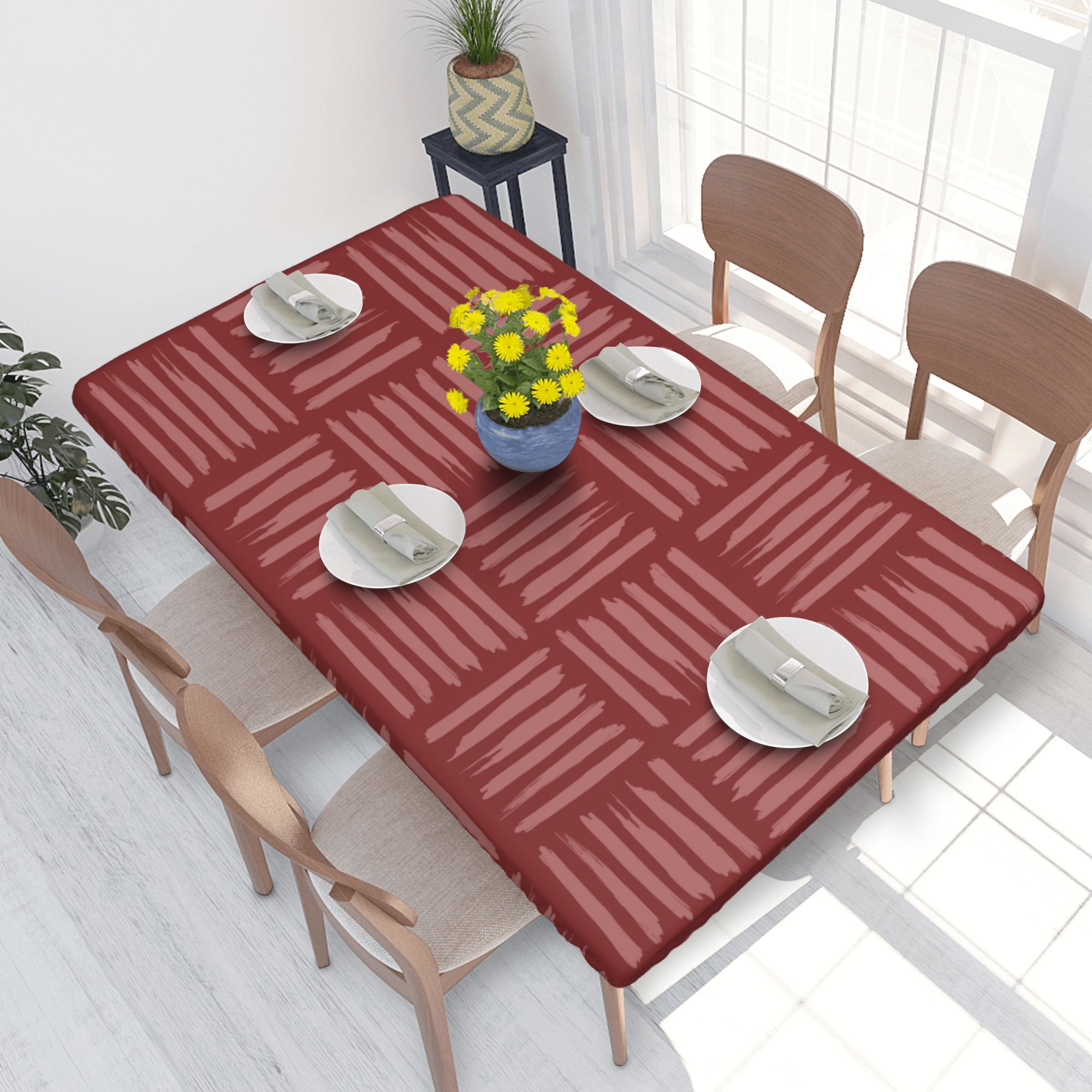 Home Deluxe Tablecloth Line Pattern Waterproof Elastic Rim Edged Table ...