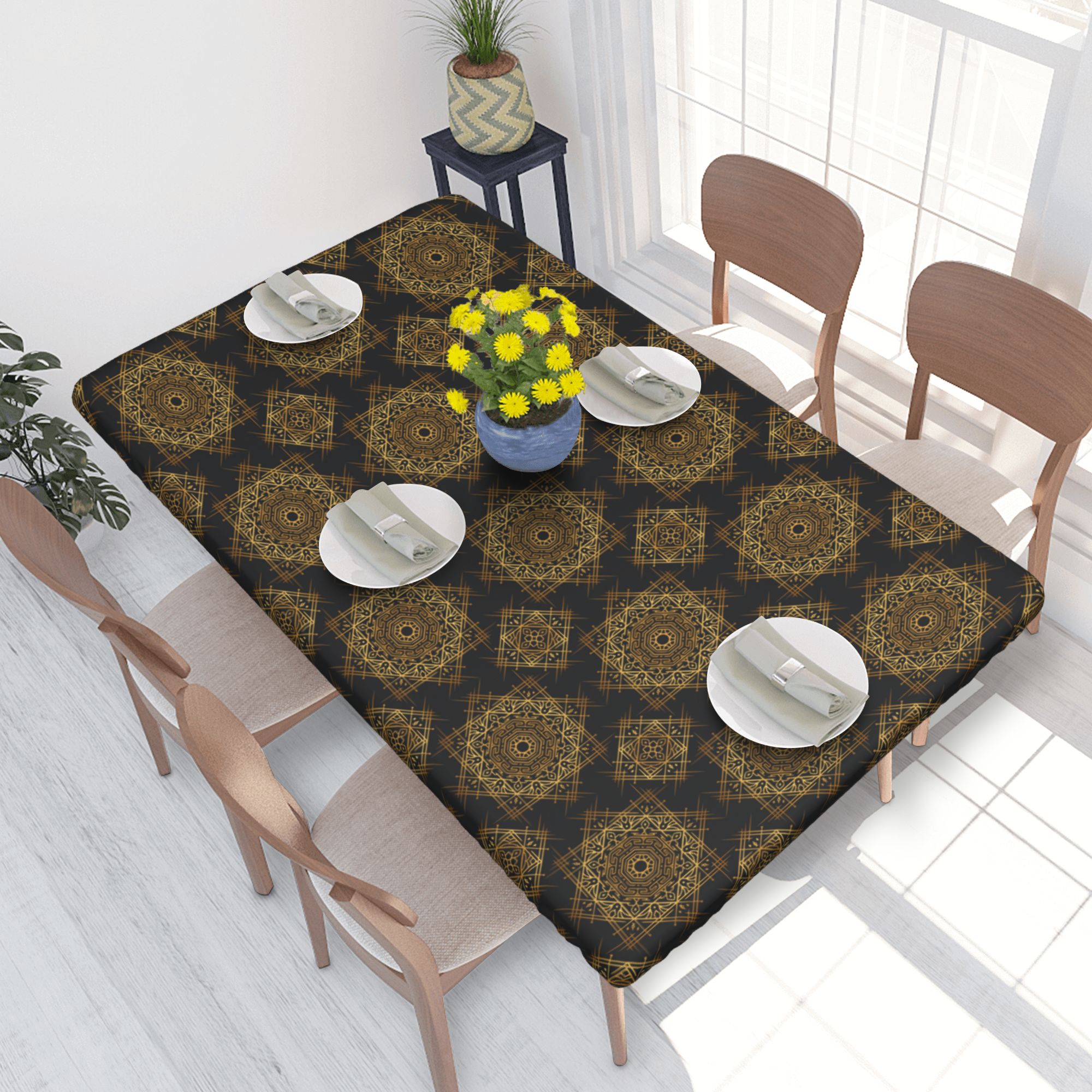 Home Deluxe Tablecloth Luxury Gold Pattern Waterproof Elastic Rim Edged ...