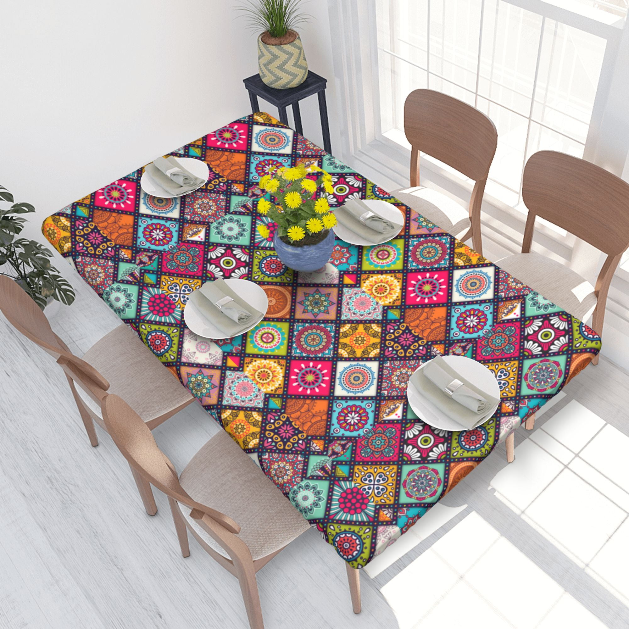 Home Deluxe Tablecloth Mandala Waterproof Elastic Rim Edged Table Cover ...