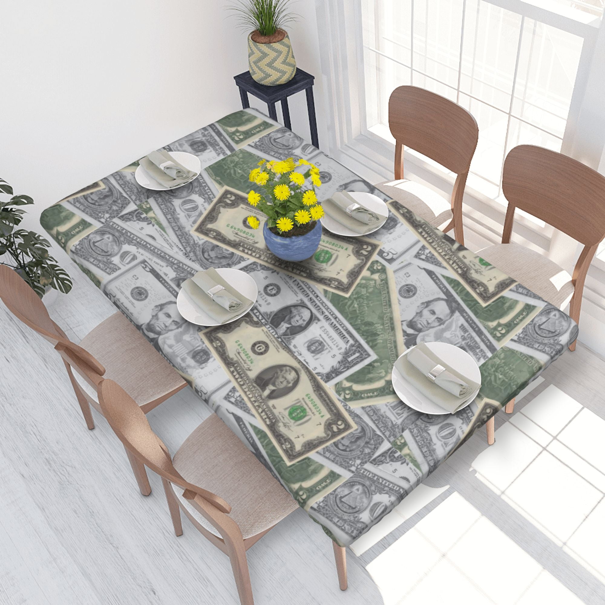Home Deluxe Tablecloth Money-Dollar Waterproof Elastic Rim Edged Table ...
