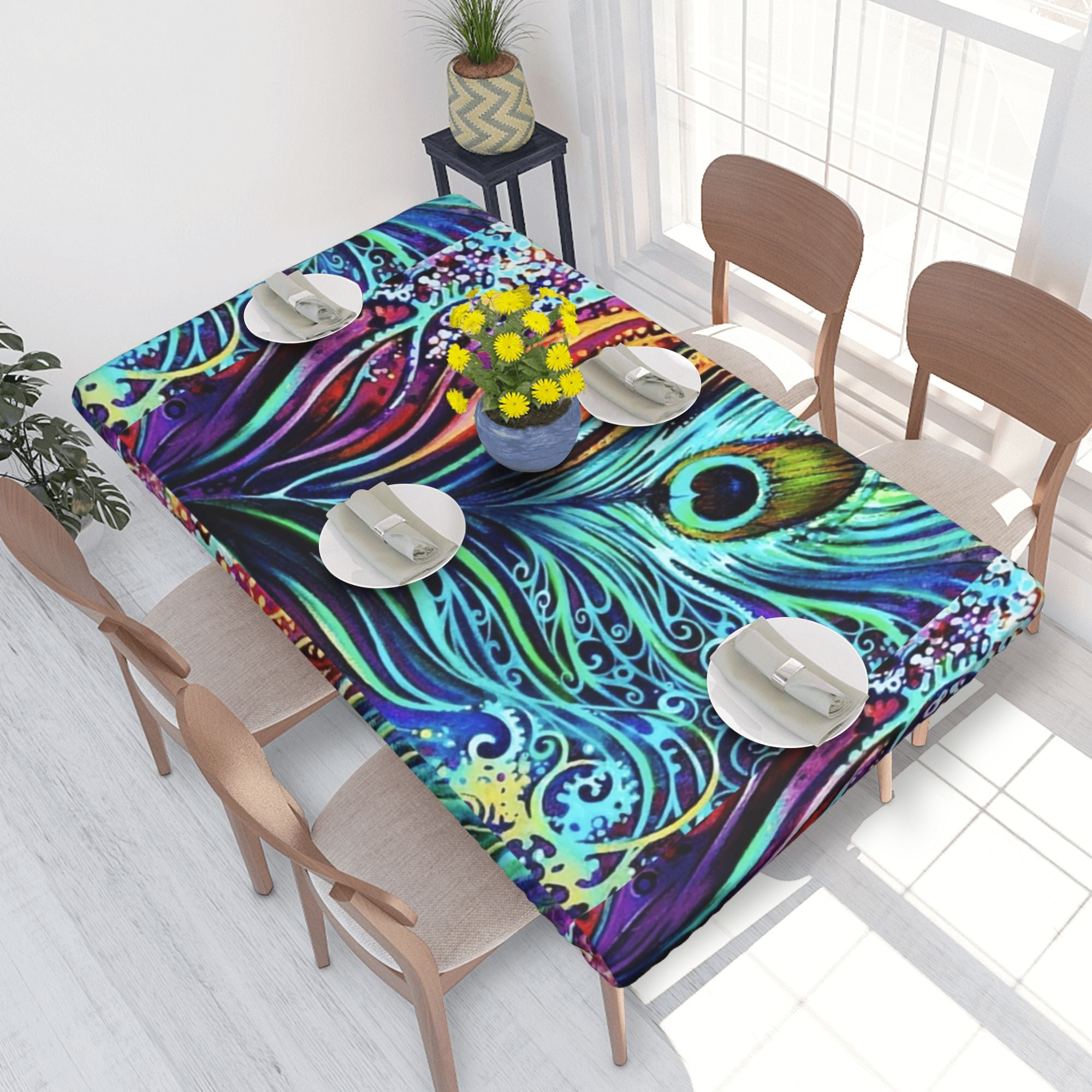 Home Deluxe Tablecloth Multicolor Peacock Feather Art Waterproof ...