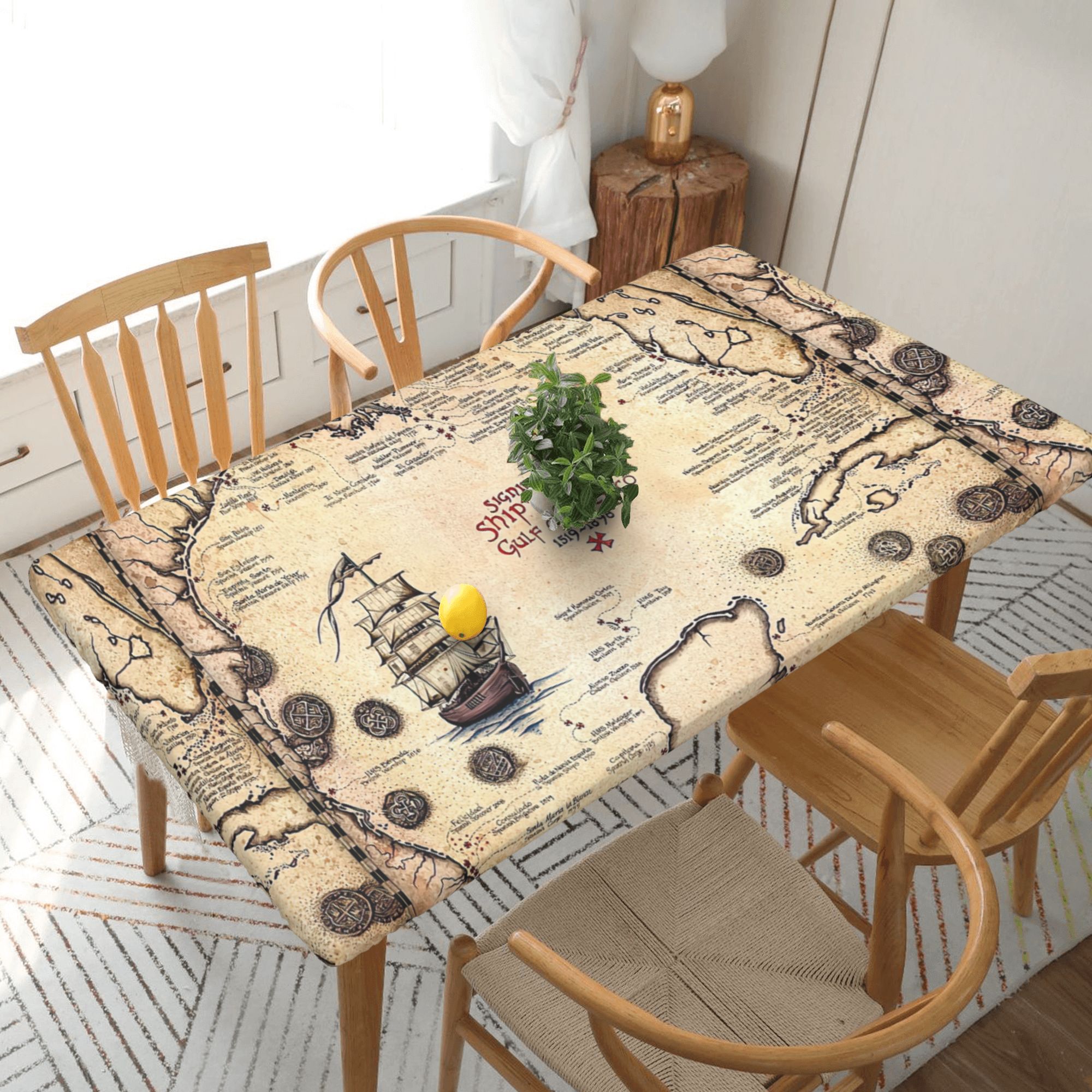 Home Deluxe Tablecloth Nautical Treasure Map Waterproof Elastic Rim ...