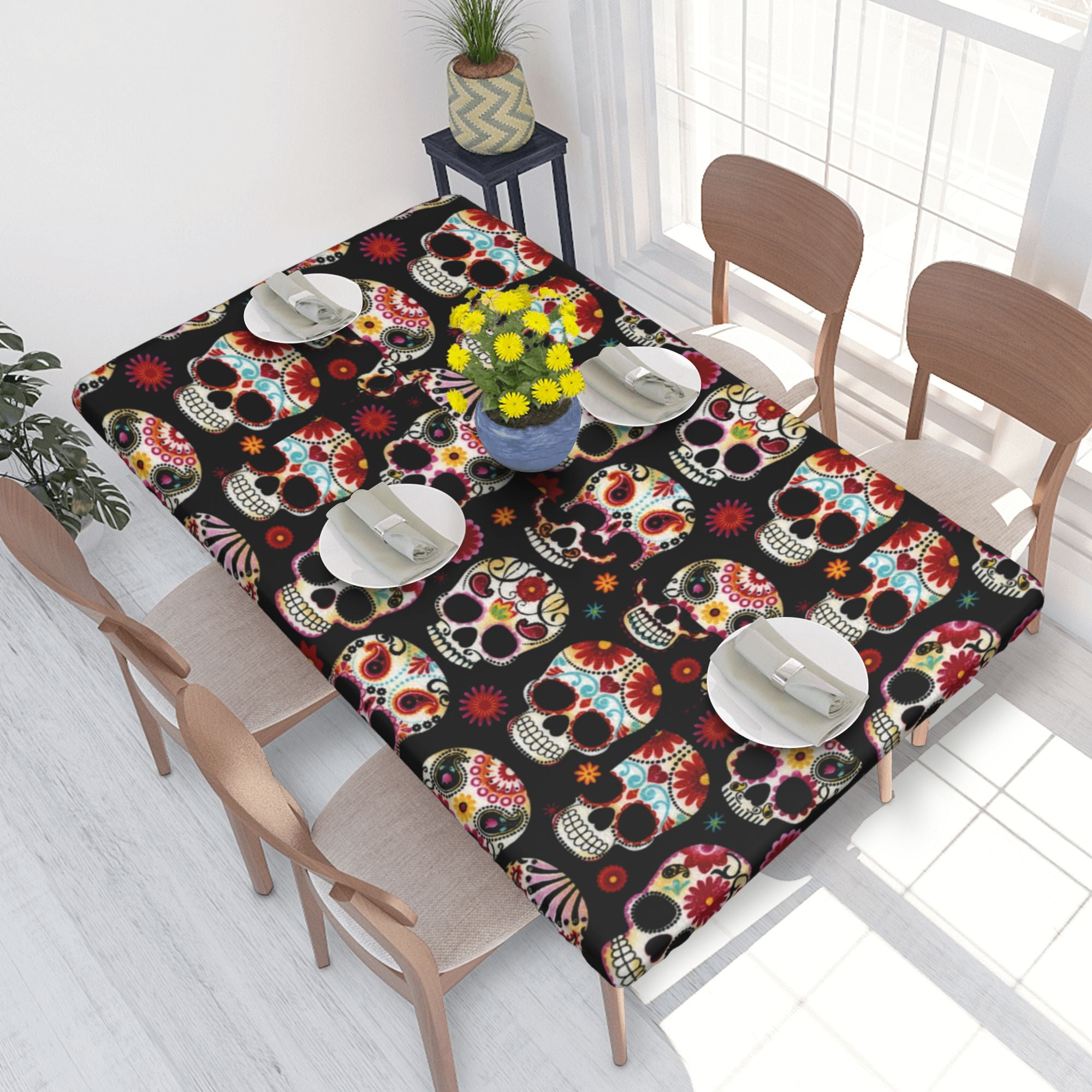 Home Deluxe Tablecloth Novelty Sugar Skull Waterproof Elastic Rim Edged ...