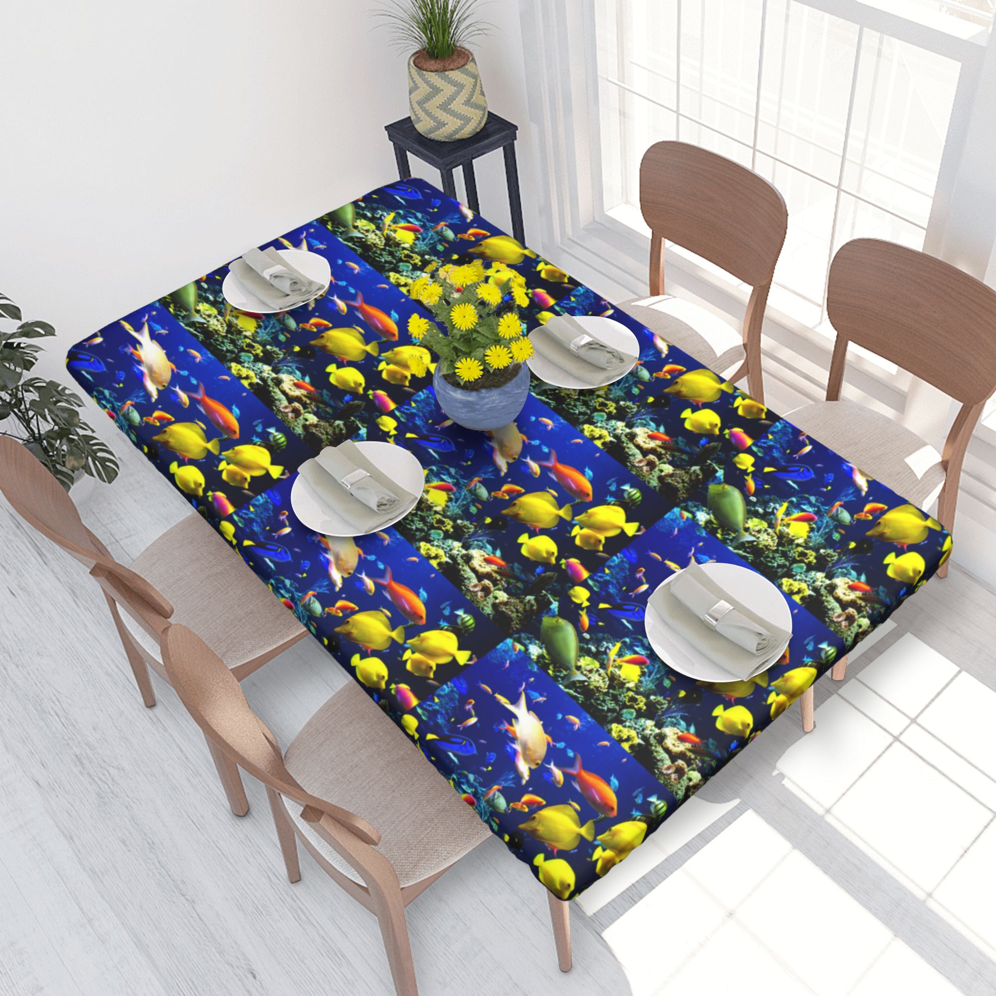 Home Deluxe Tablecloth Ocean-Fish Waterproof Elastic Rim Edged Table ...