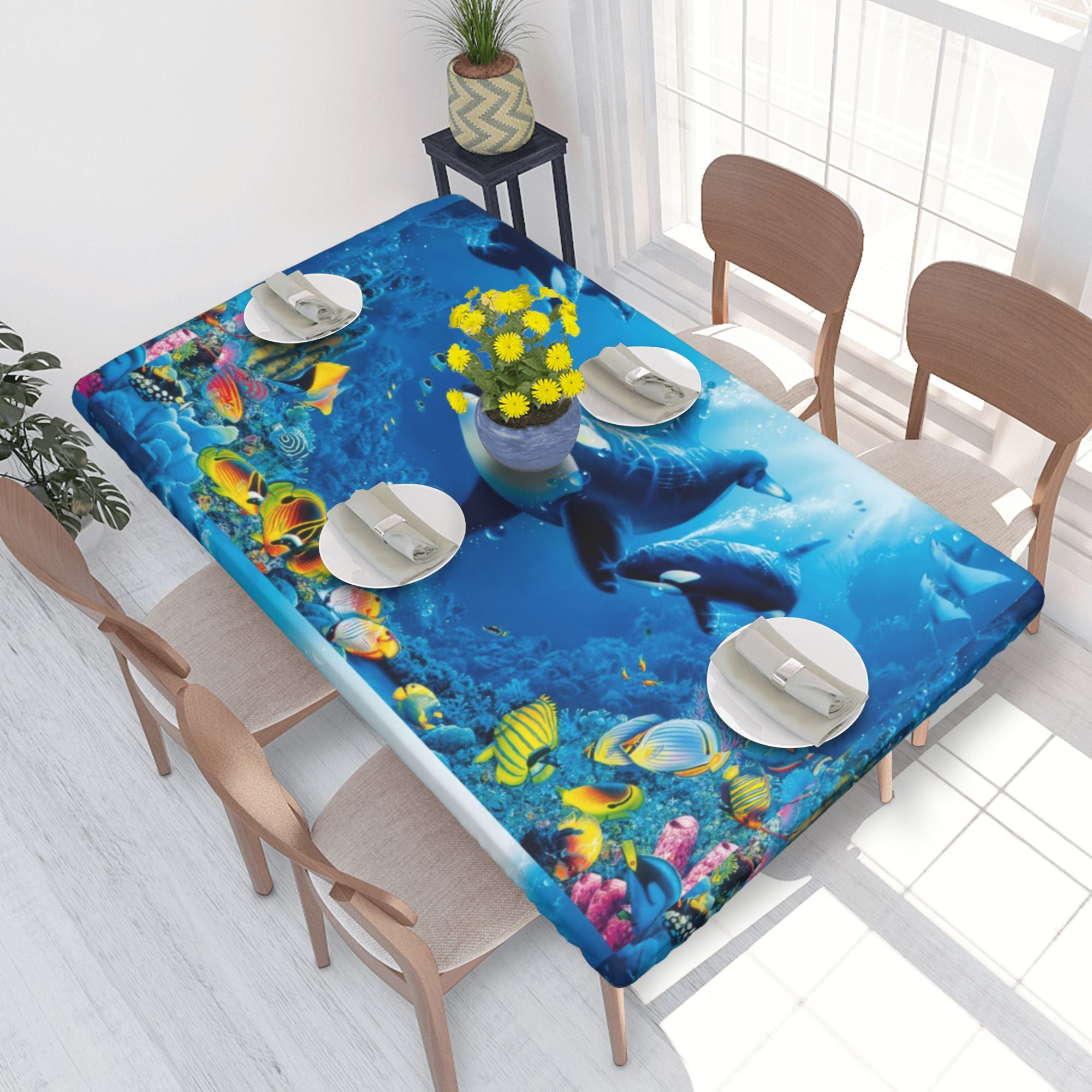 Home Deluxe Tablecloth Orcas Ocean Sea Animals Waterproof Elastic Rim ...