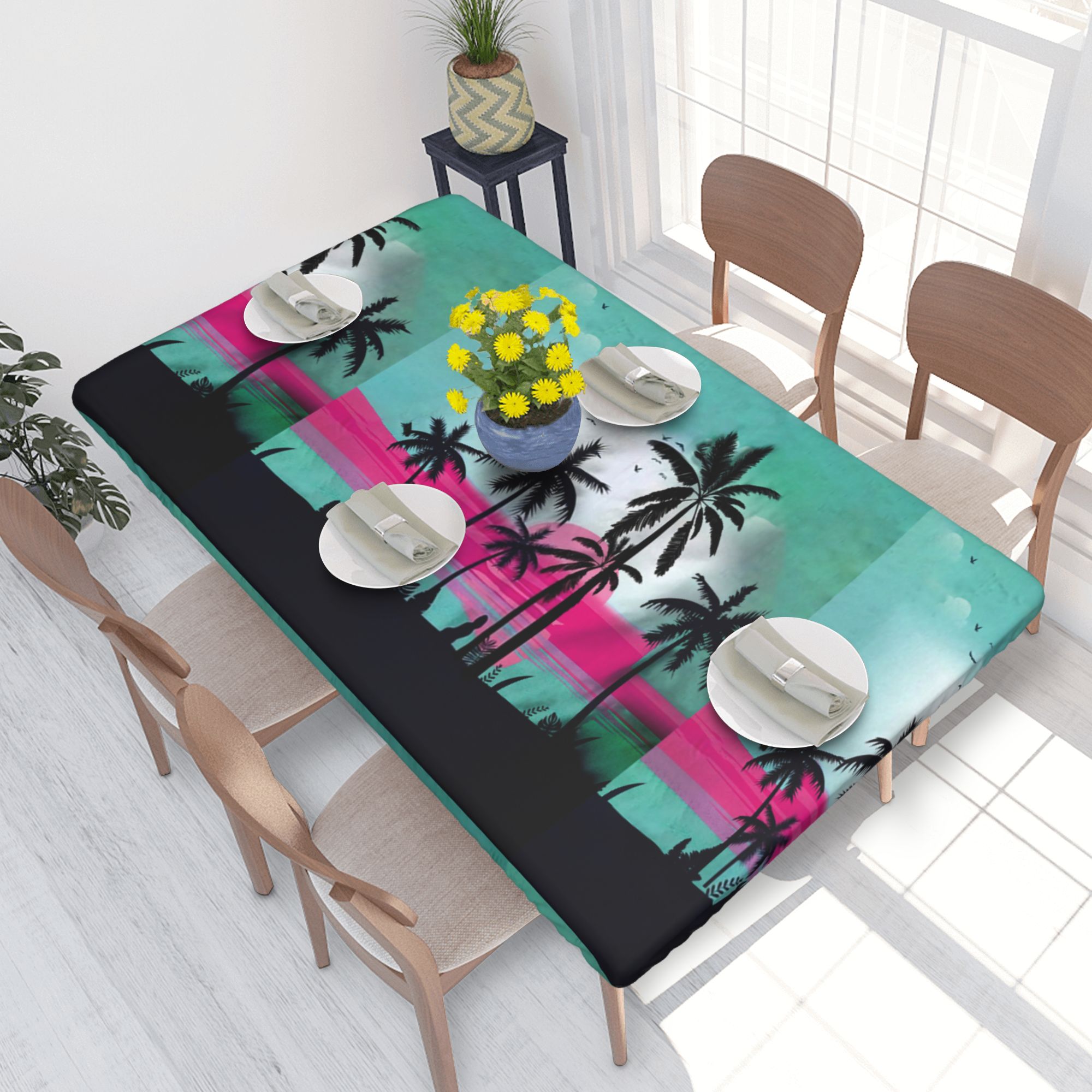 Home Deluxe Tablecloth Palm-Tree Waterproof Elastic Rim Edged Table ...