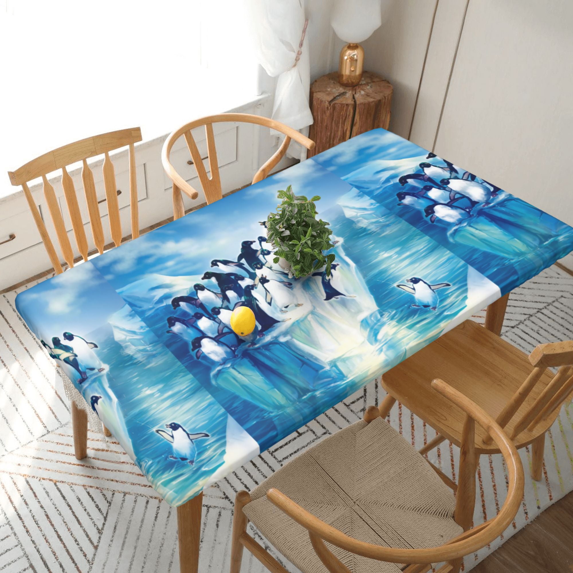 Home Deluxe Tablecloth Penguins On Iceberg Waterproof Elastic Rim Edged ...