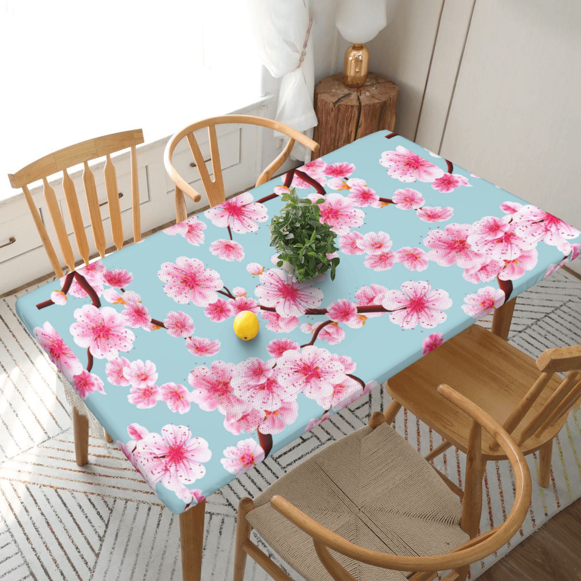Home Deluxe Tablecloth Pink Cherry Blossoms Waterproof Elastic Rim ...