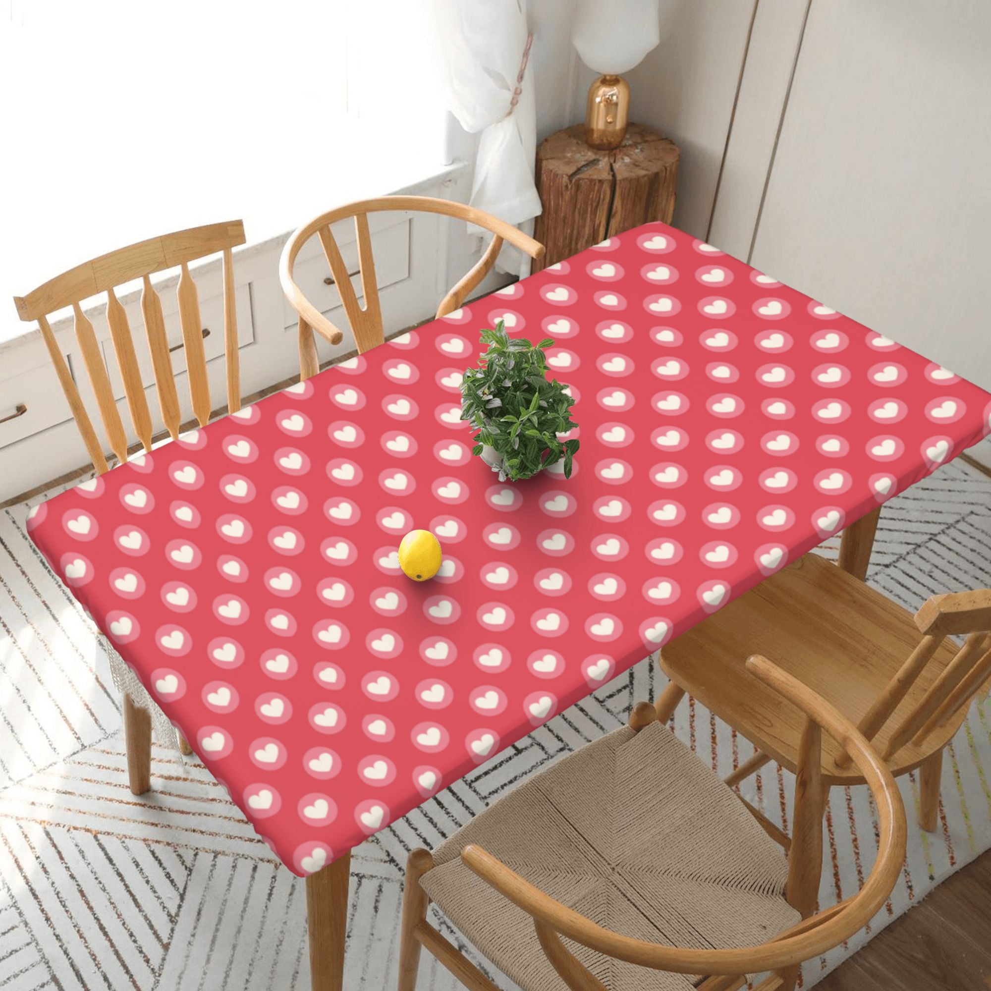 Home Deluxe Tablecloth Pink Heart Background Waterproof Elastic Rim ...