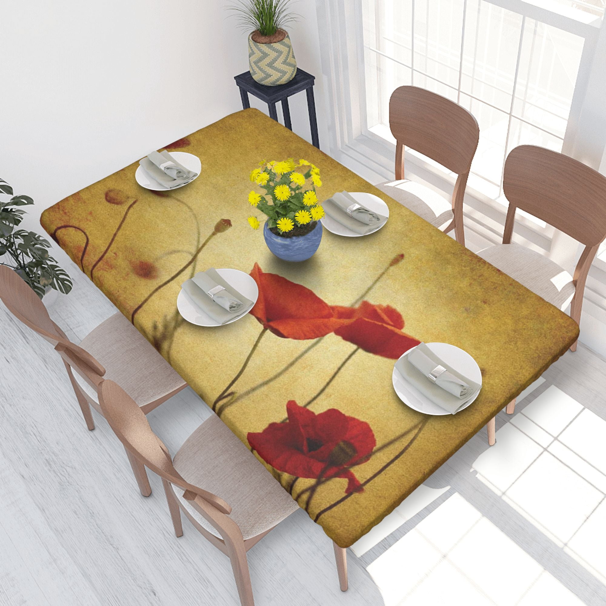 Home Deluxe Tablecloth Poppies And Flower Buds Waterproof Elastic Rim ...
