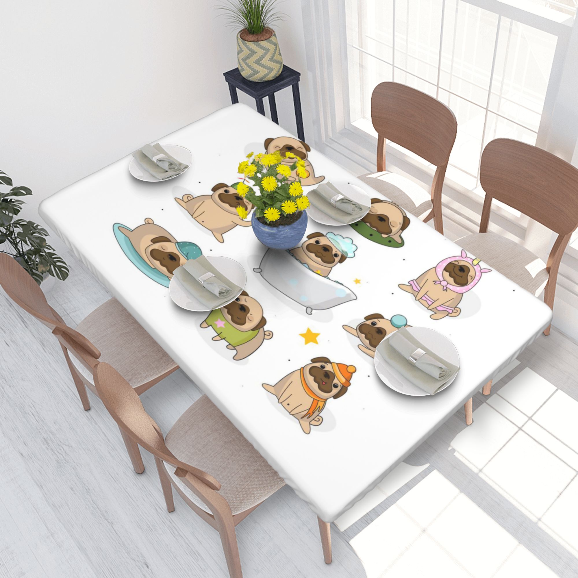 Home Deluxe Tablecloth Pug Dog Set Hand Drawn Pug Stickers Waterproof ...