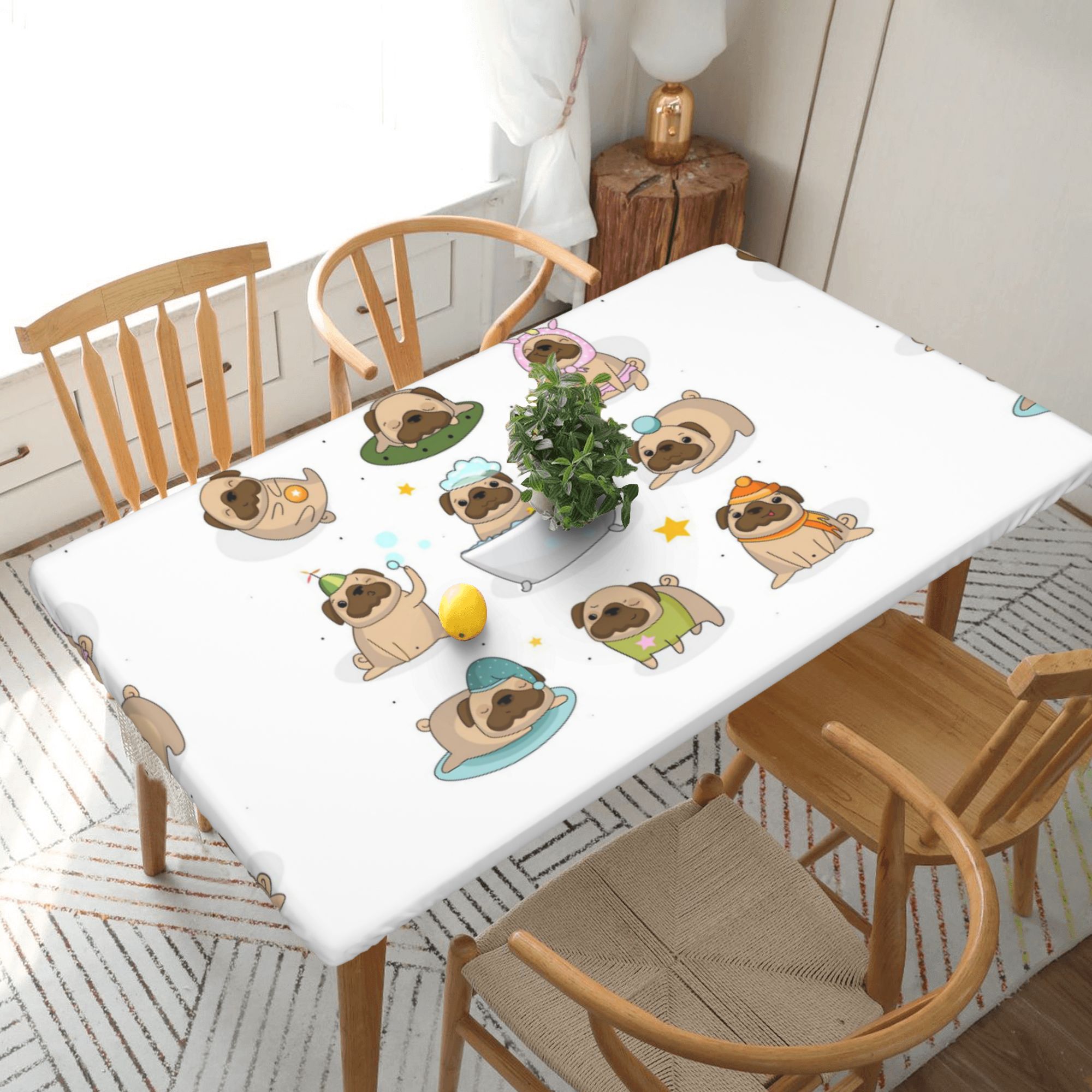 Home Deluxe Tablecloth Pug Dog Set Hand Drawn Pug Stickers Waterproof ...