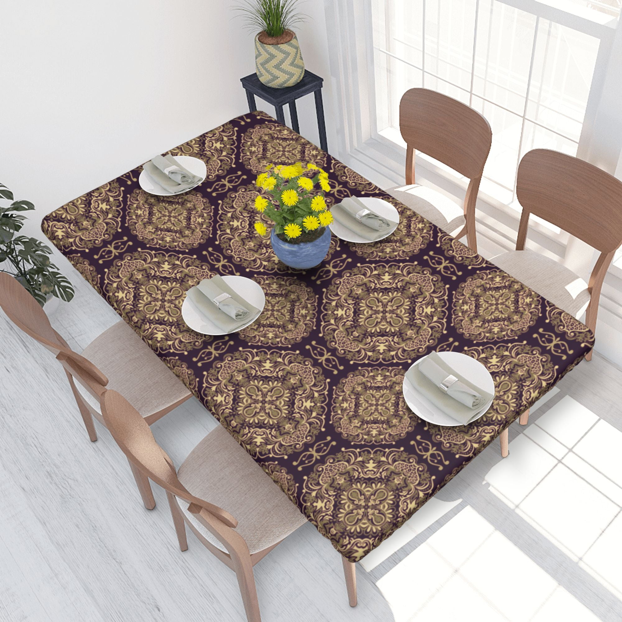 Home Deluxe Tablecloth Purple Gold Diamond Pattern Waterproof Elastic ...