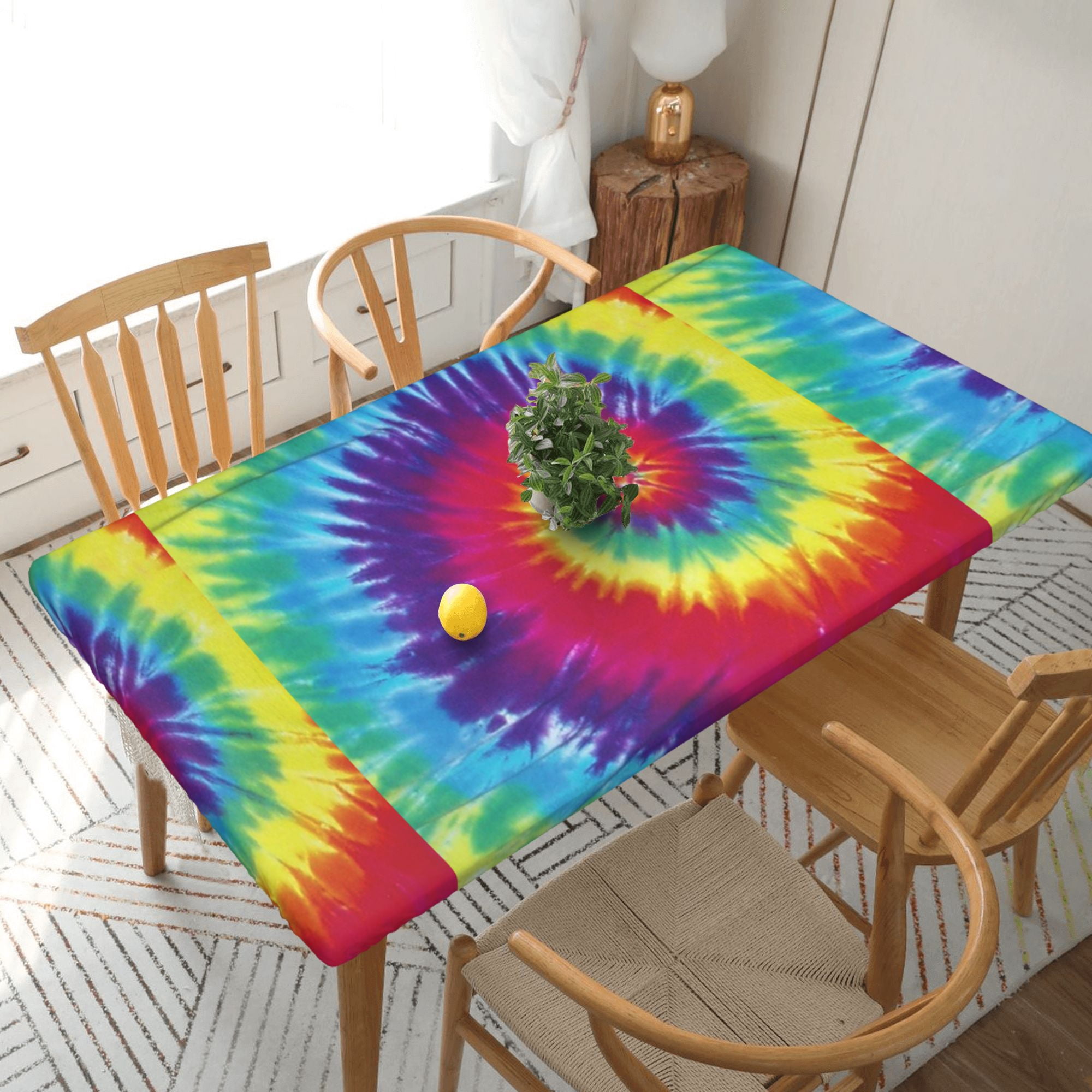 Home Deluxe Tablecloth Rainbow Tie Dye Waterproof Elastic Rim Edged ...