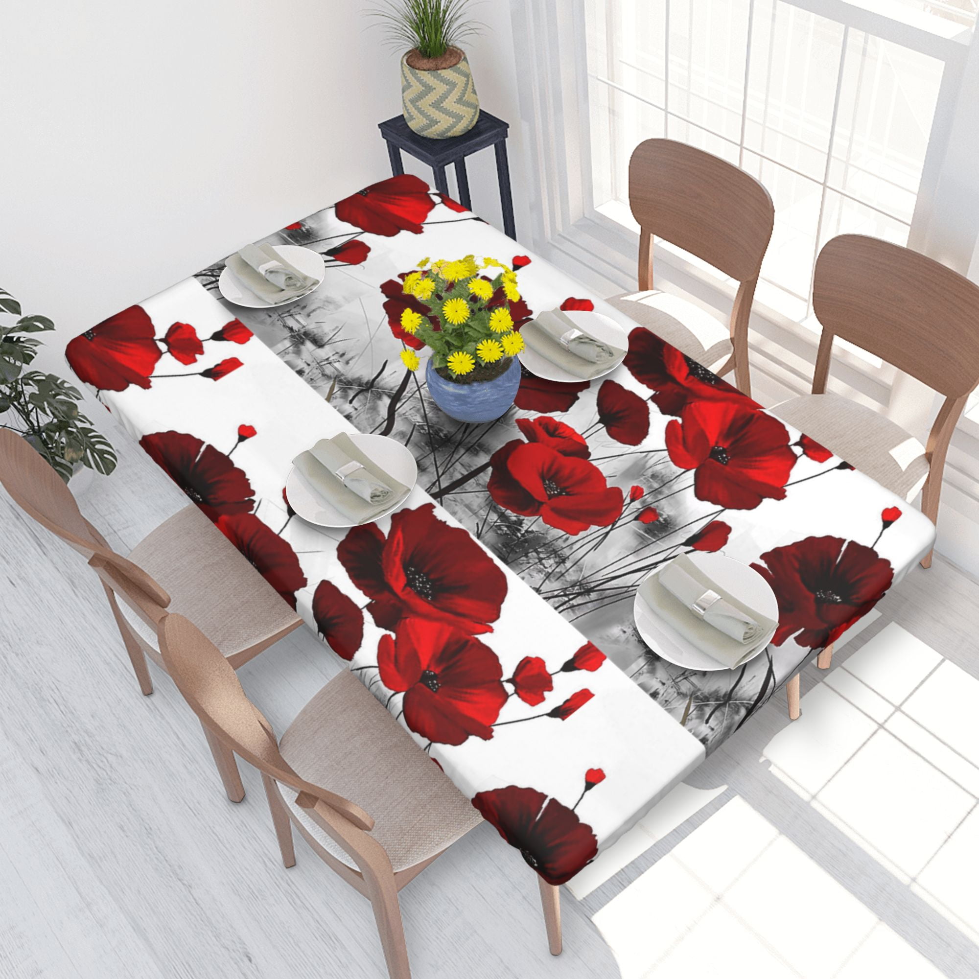 Home Deluxe Tablecloth Red Poppy Flower Waterproof Elastic Rim Edged ...