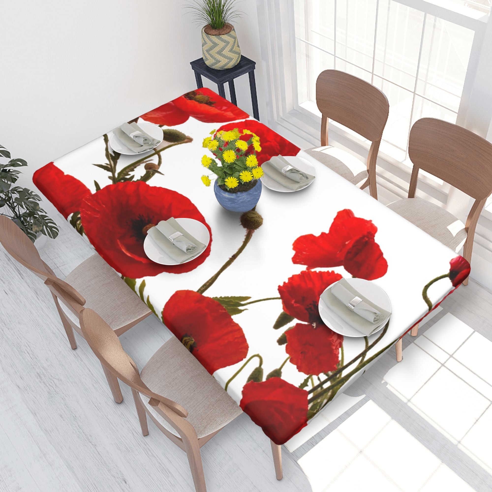 Home Deluxe Tablecloth Red Poppy Flowers Choose Background Color(1) Waterproof Elastic Rim Edged ...