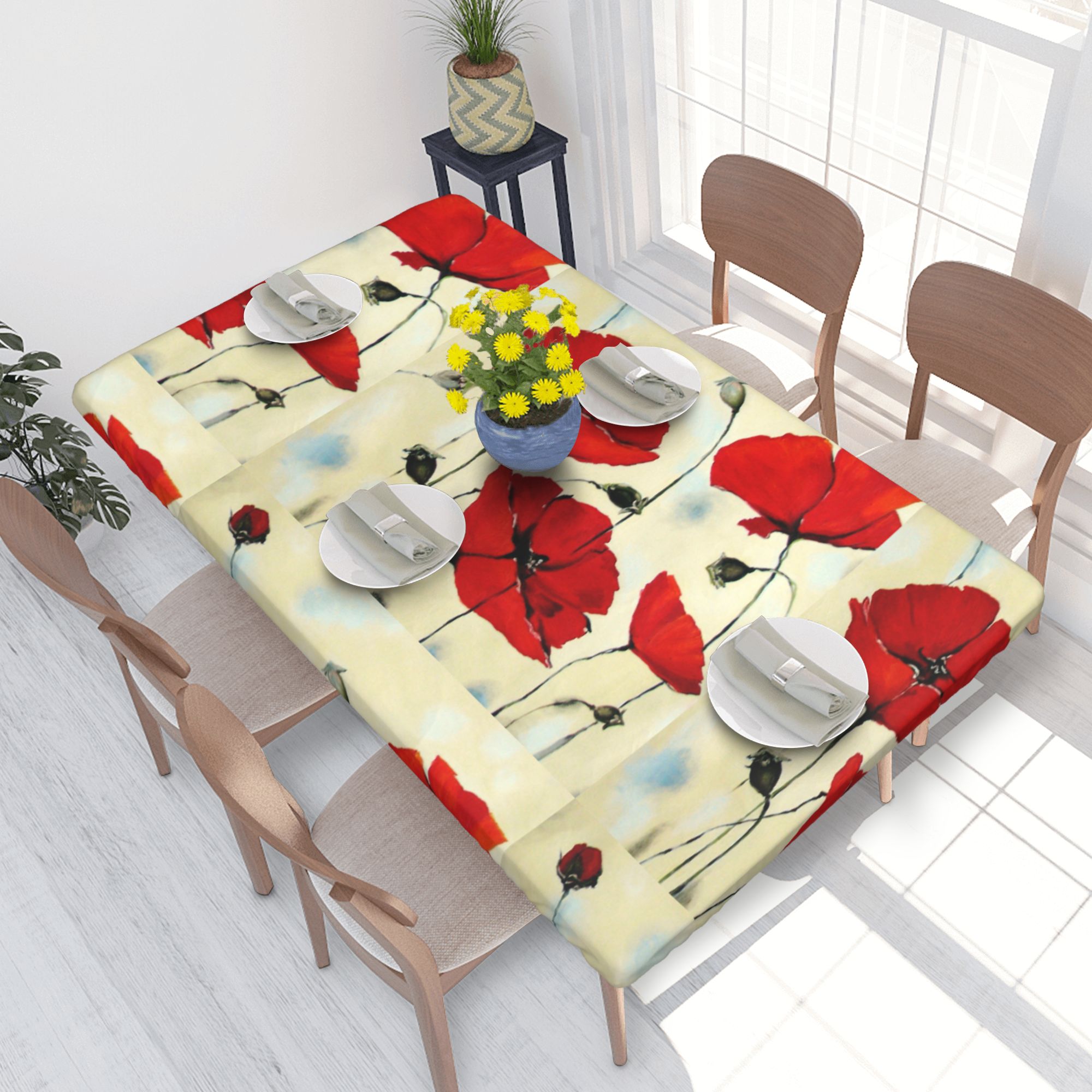 Home Deluxe Tablecloth Red Poppy Oil Painting Waterproof Elastic Rim ...