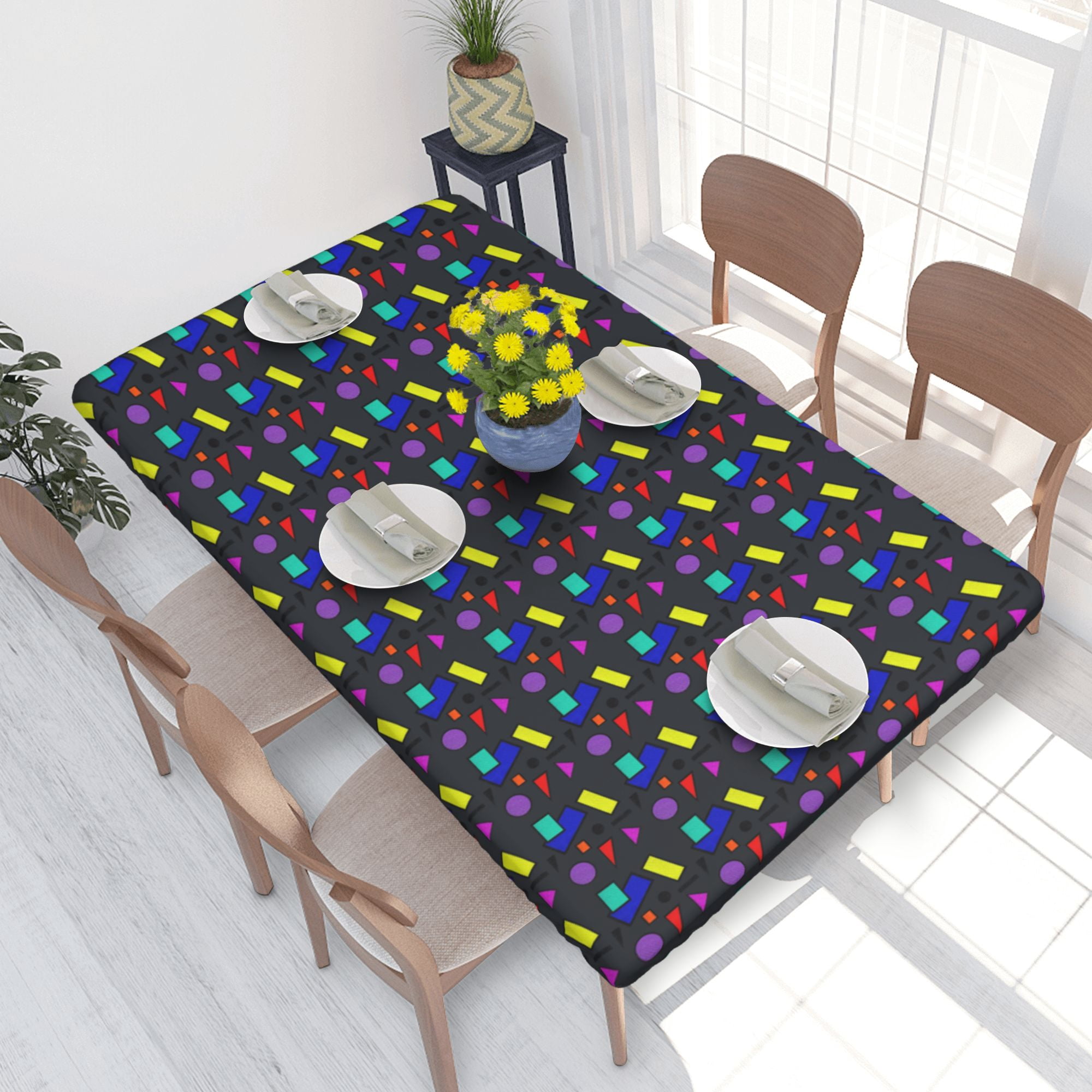 Home Deluxe Tablecloth Retro 80s Shapes Waterproof Elastic Rim Edged ...