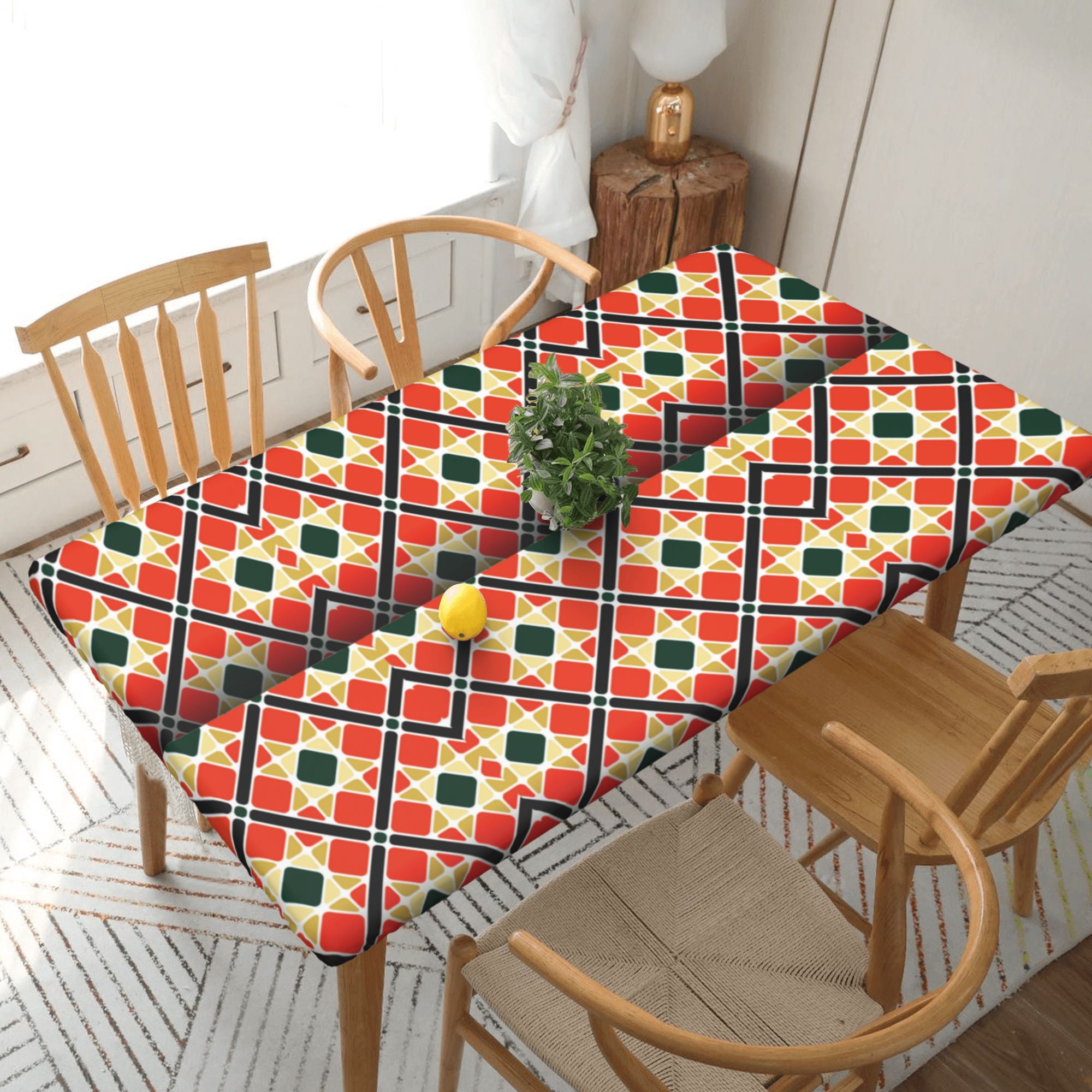 Home Deluxe Tablecloth Retro Geometric Pattern Waterproof Elastic Rim ...