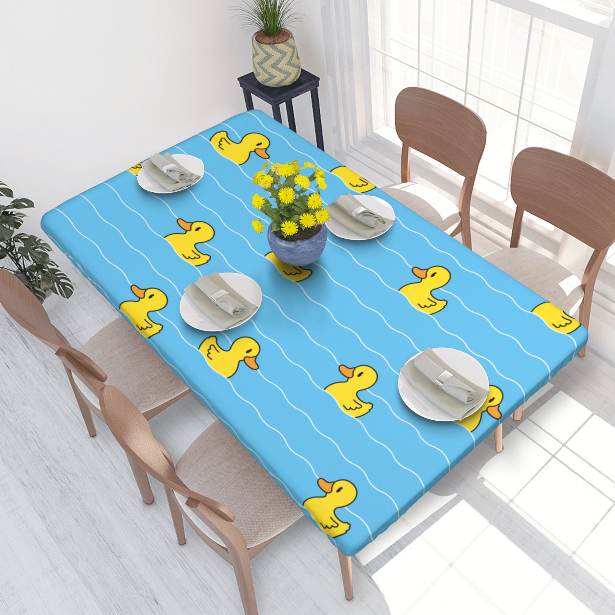 Home Deluxe Tablecloth Rubber Duck Swimming (1) Waterproof Elastic Rim ...