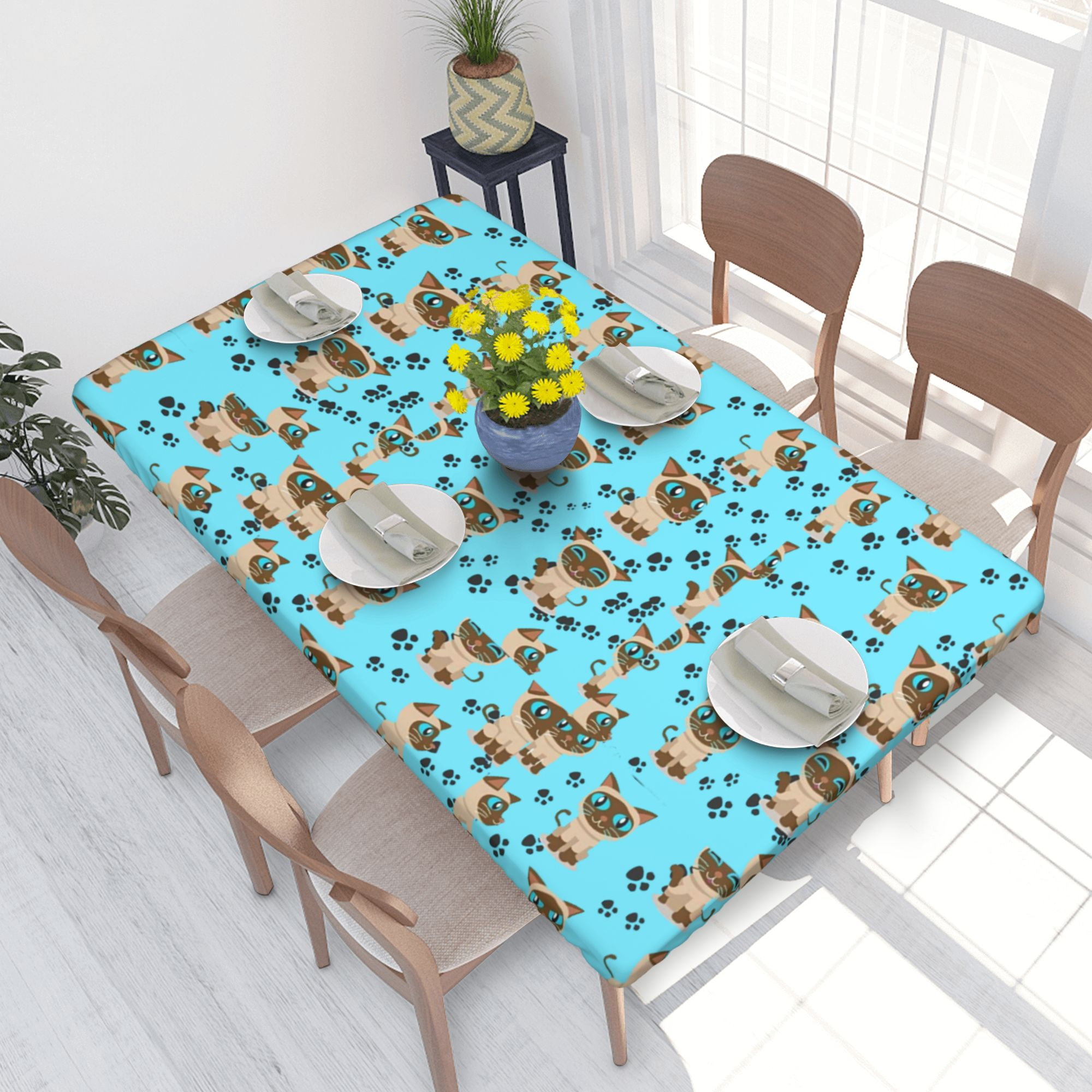 Home Deluxe Tablecloth Siamese Cats Waterproof Elastic Rim Edged Table ...