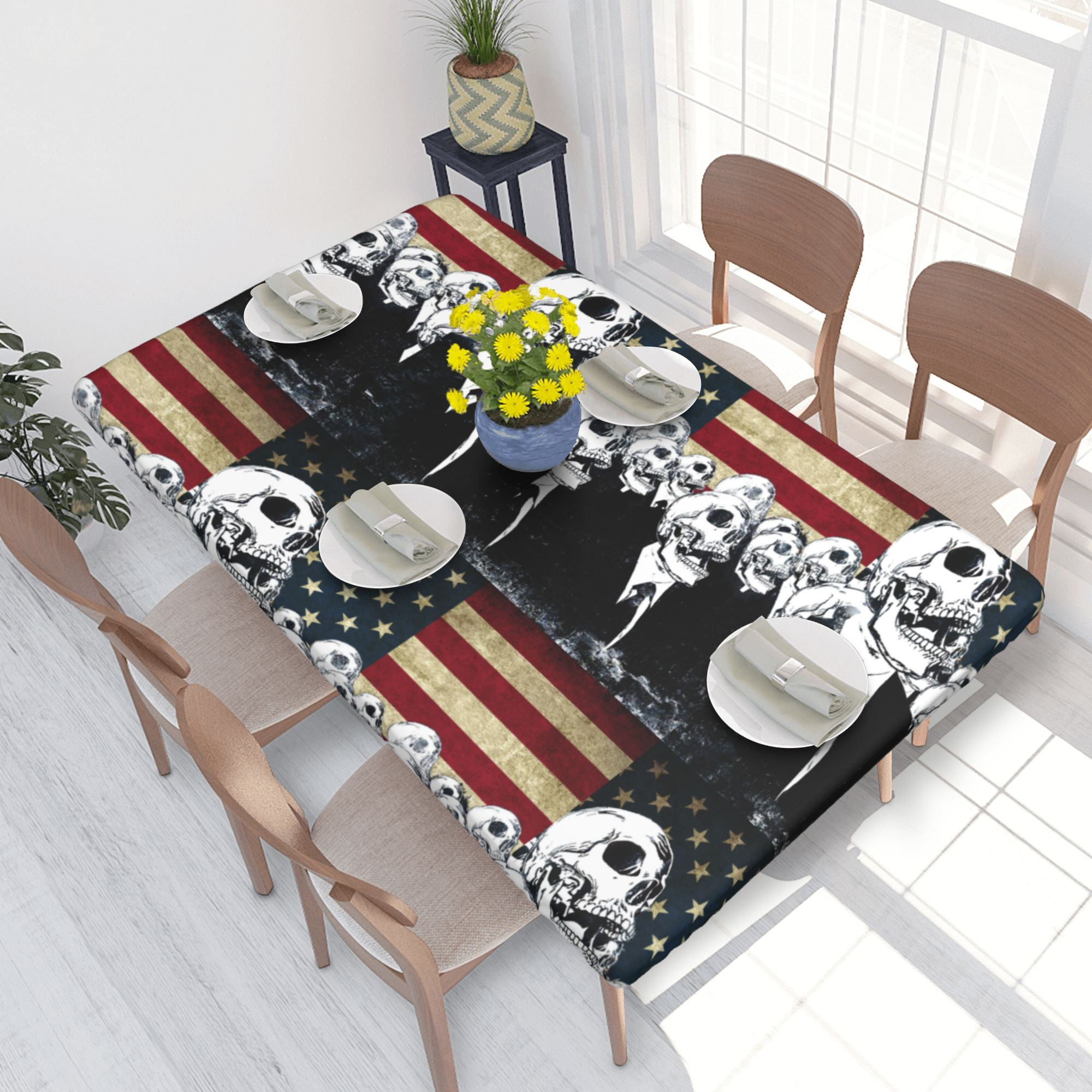 Home Deluxe Tablecloth Skeleton Skull On Usa Flag Waterproof Elastic ...