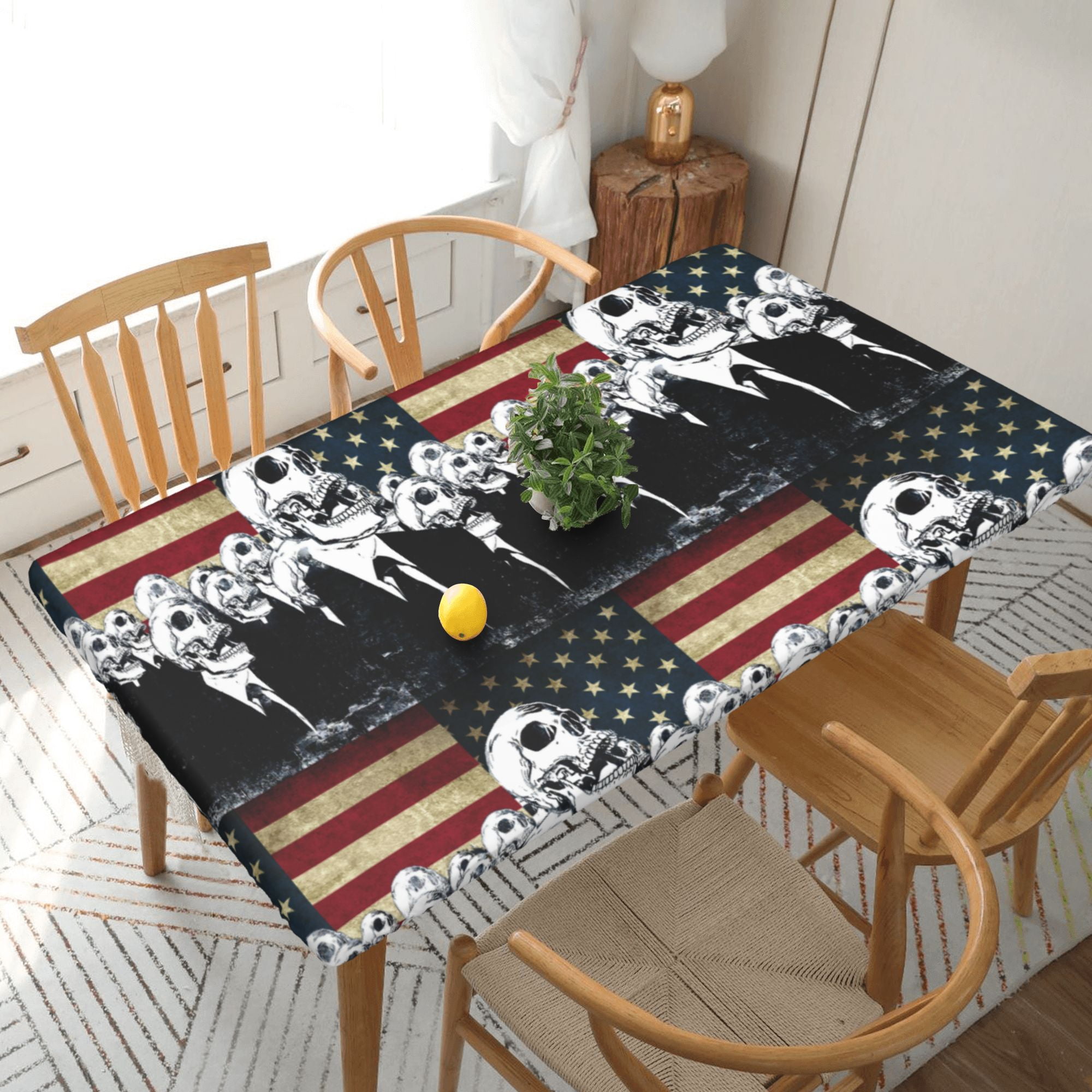 Home Deluxe Tablecloth Skeleton Skull On Usa Flag Waterproof Elastic ...