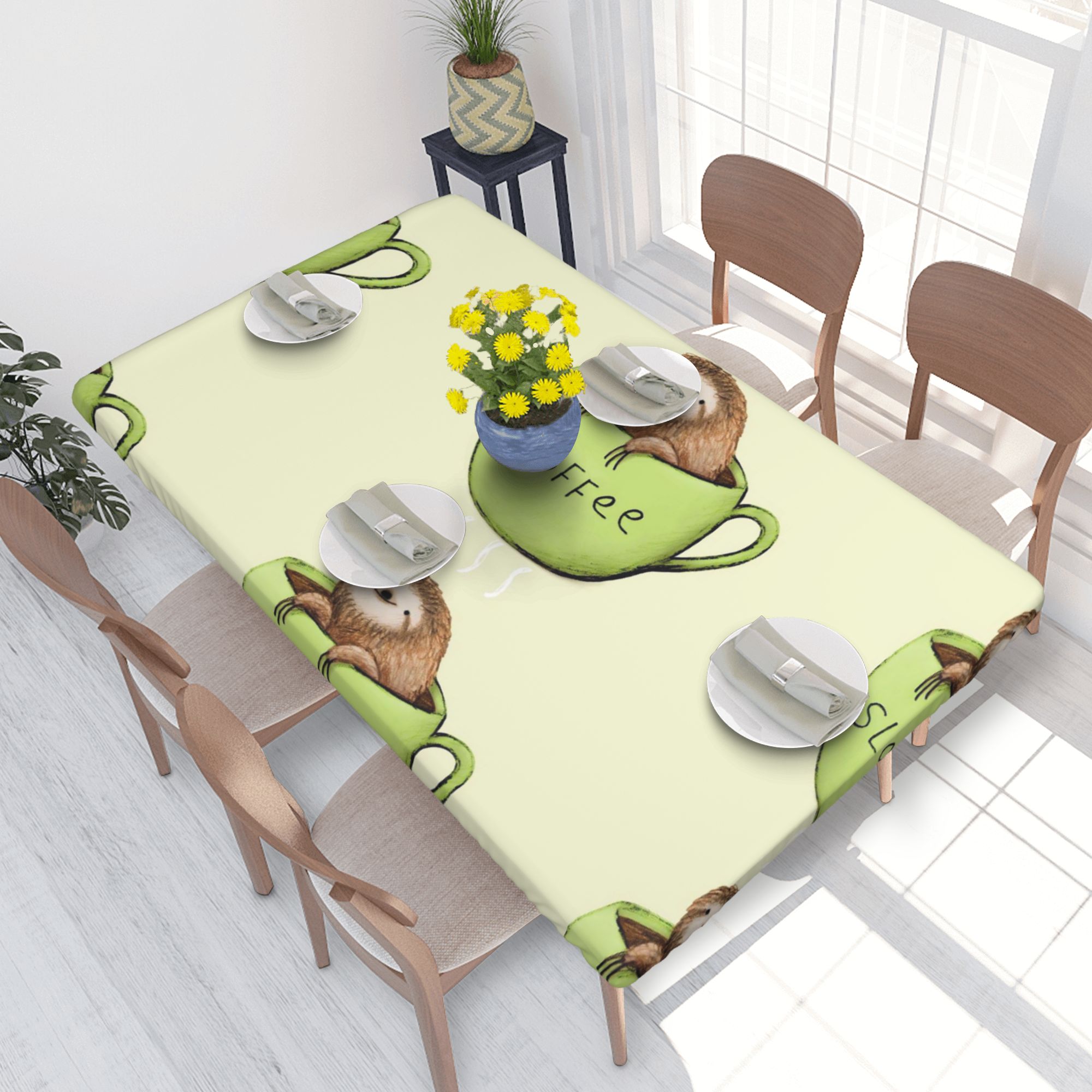 Home Deluxe Tablecloth Sloth And Coffee Waterproof Elastic Rim Edged ...