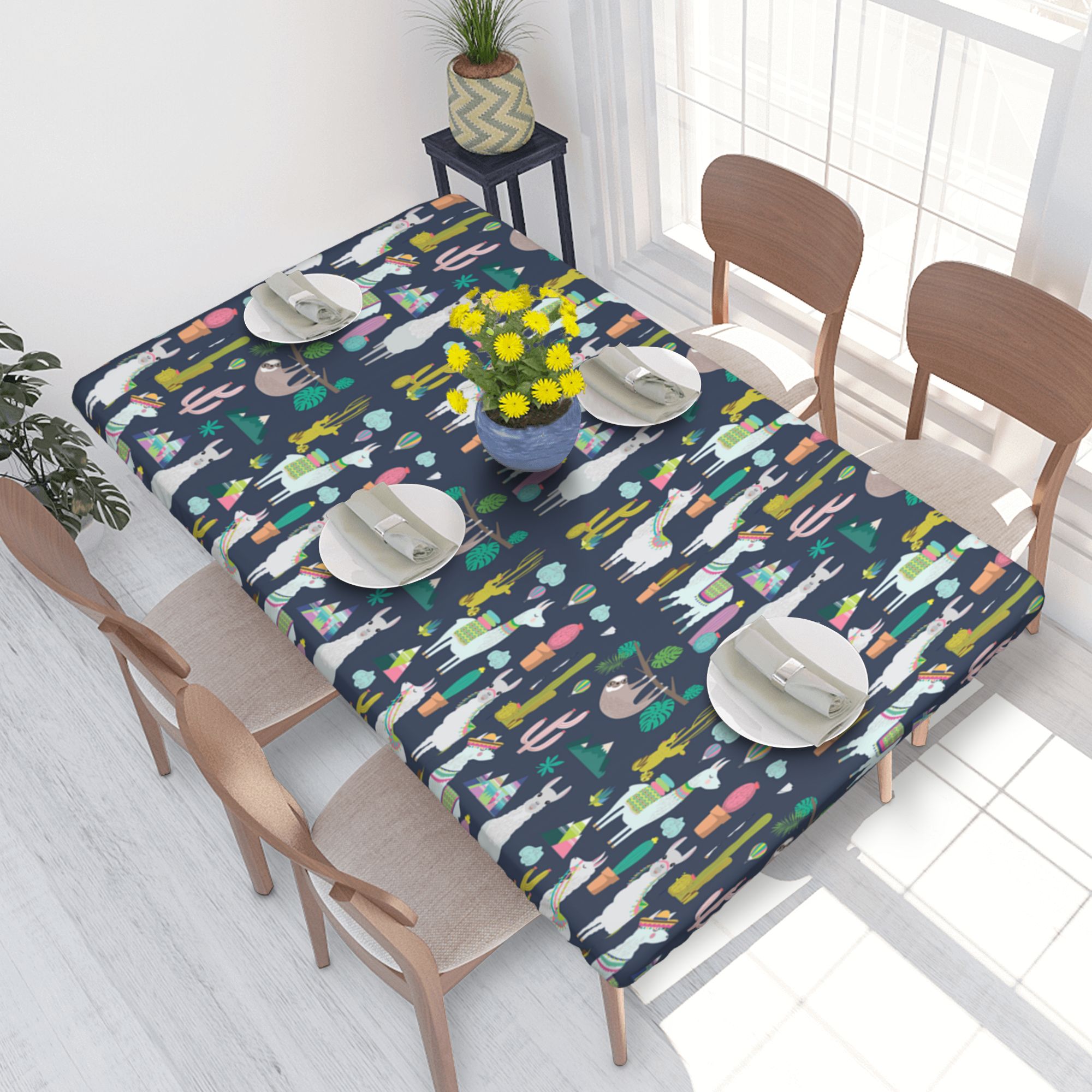 Home Deluxe Tablecloth Sloth And Llama Waterproof Elastic Rim Edged ...